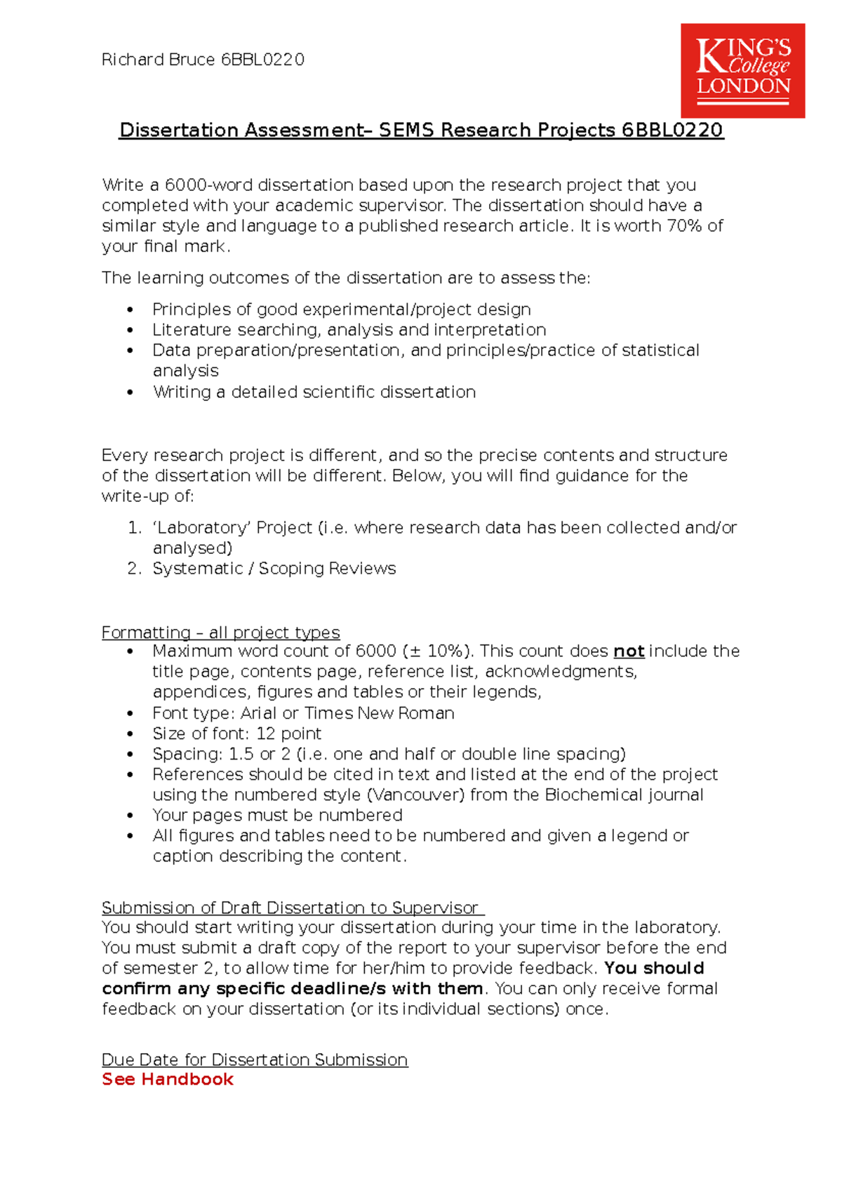 Dissertation Assessment Guidance for SEMS Research Projects 6BBL - Studocu