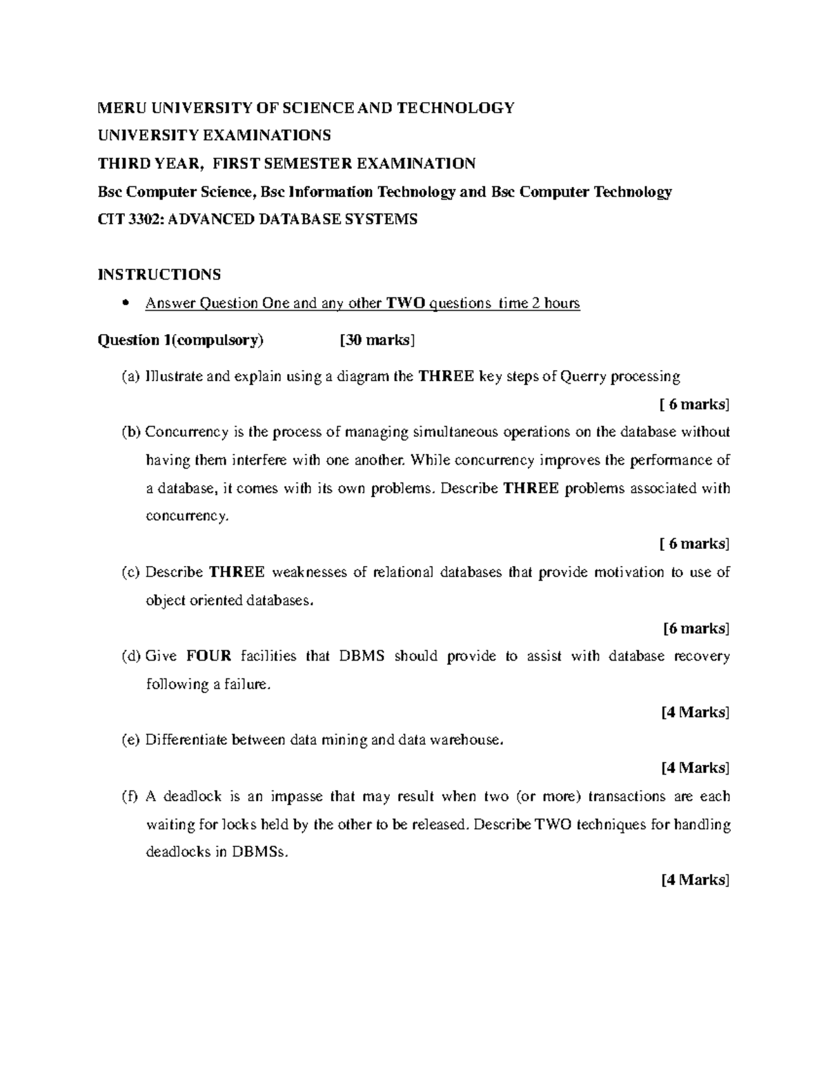 CIT 3302: Advanced Database Systems Exam Notes and Key Concepts - Studocu