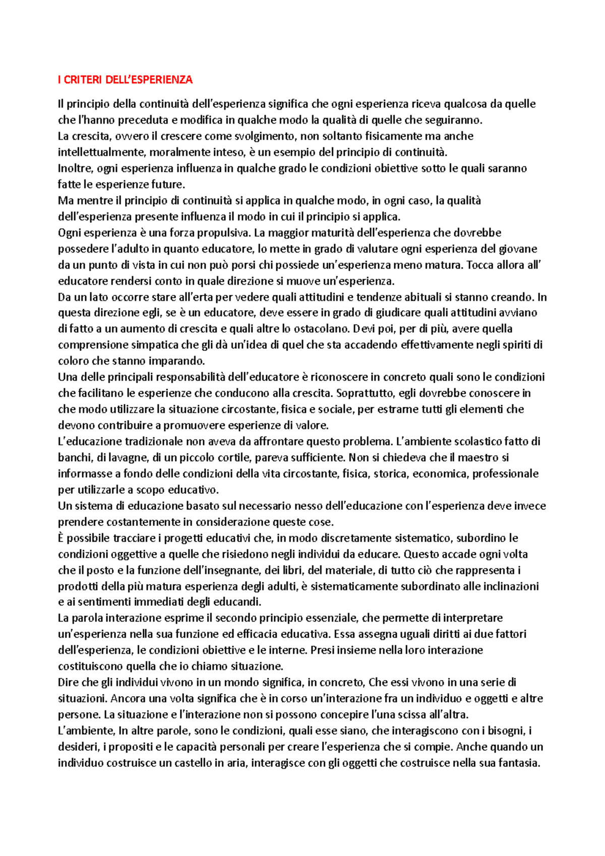 Educazione e Esperienza secondo J. Dewey: Principi Fondamentali - Studocu