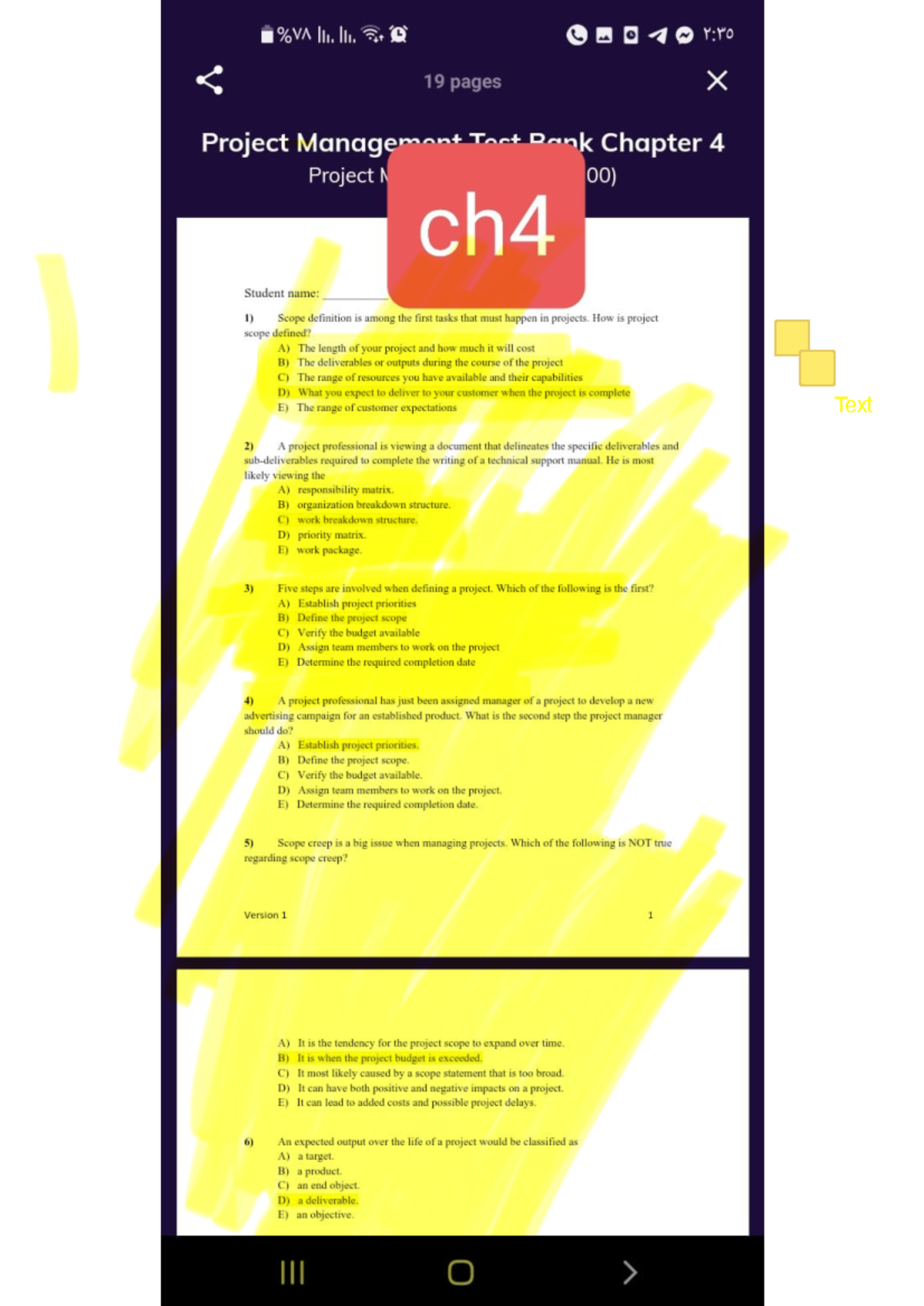 Ch4 project testbank - r:ro 19 pages X Project Management Test Bank ...