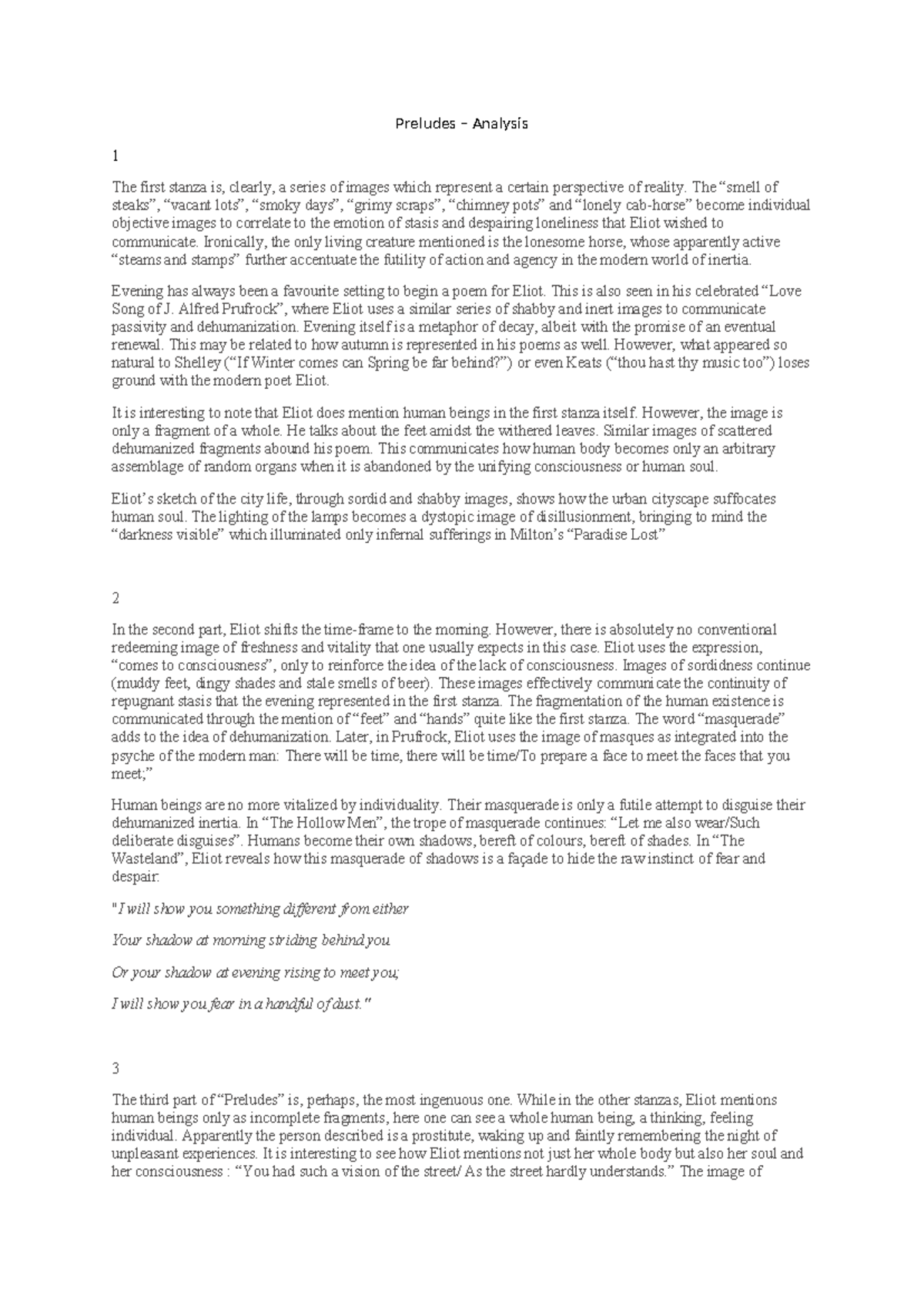 Preludes Analysis - HSR: Exploring Eliot's Imagery and Themes - Studocu