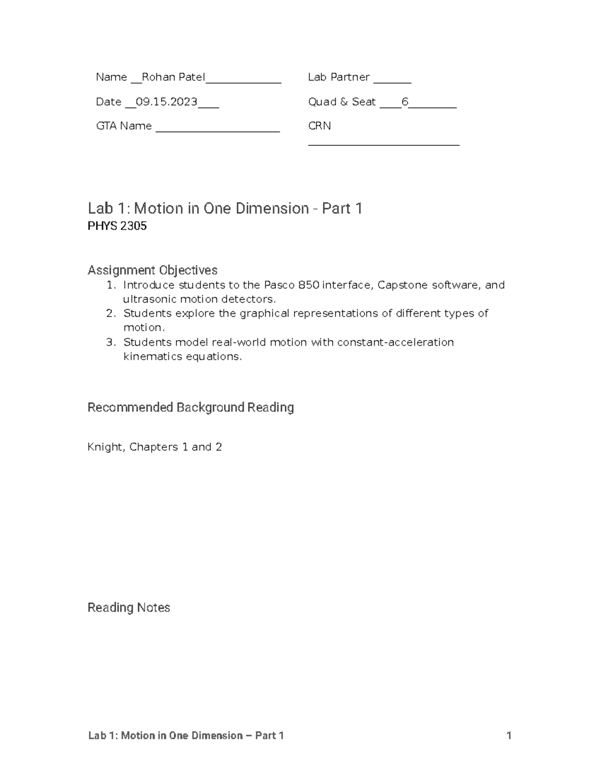 PHYS 2305 - Lab 1: Motion in One Dimension Experiment Notes - Studocu