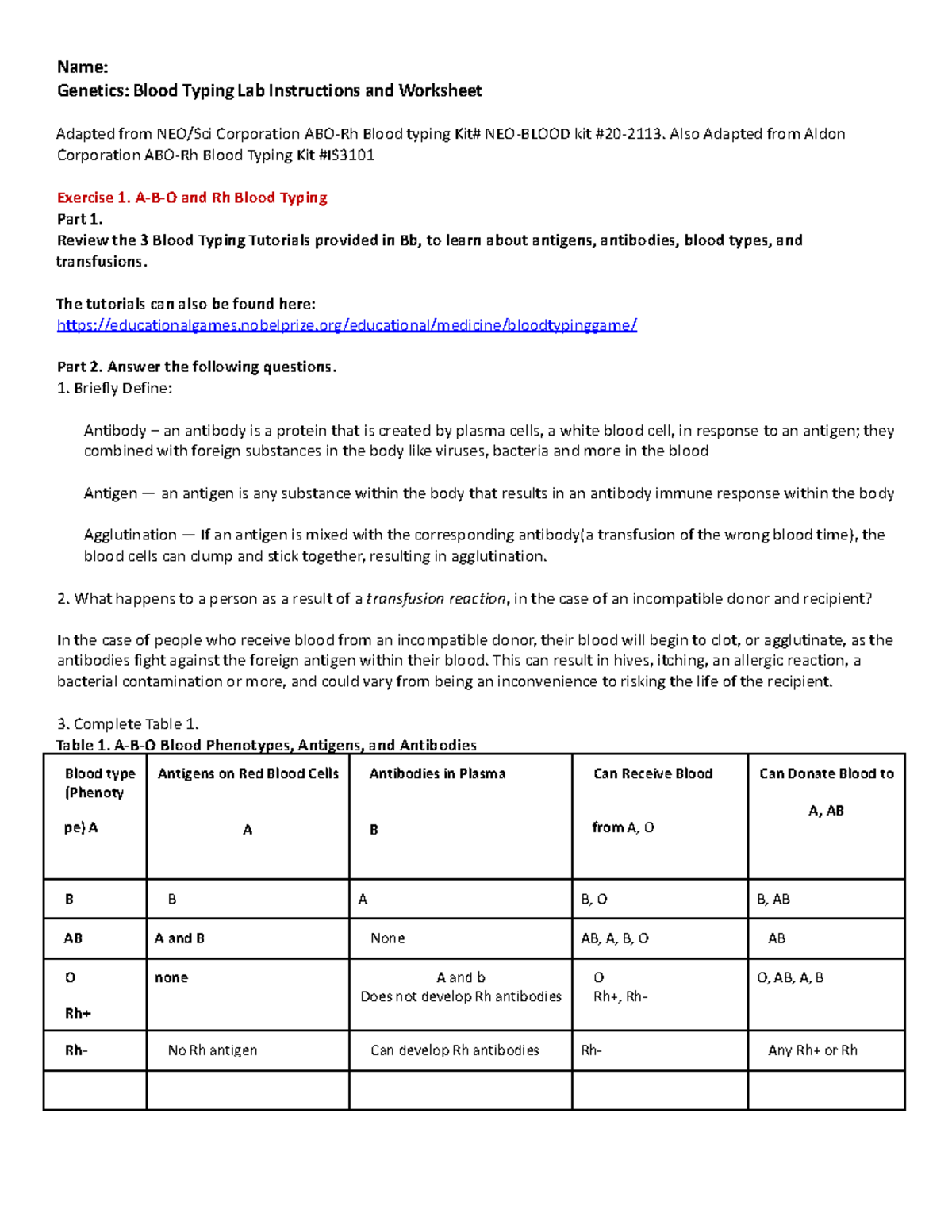 Genetics Blood Typing Lab Instructions Worksheet(1) - Google Docs ...