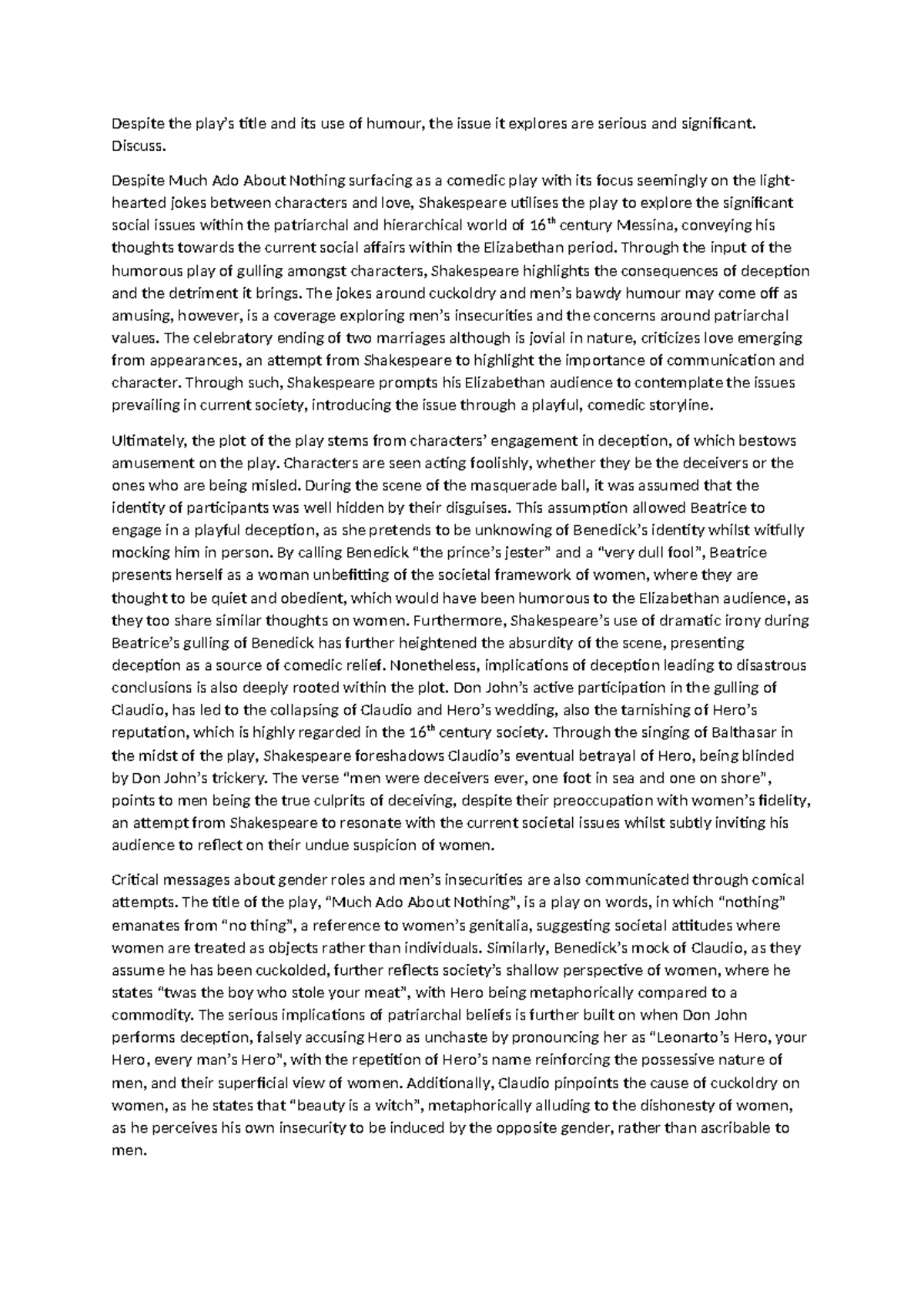 Maan Essay 01: Exploring Serious Themes in Much Ado About Nothing - Studocu