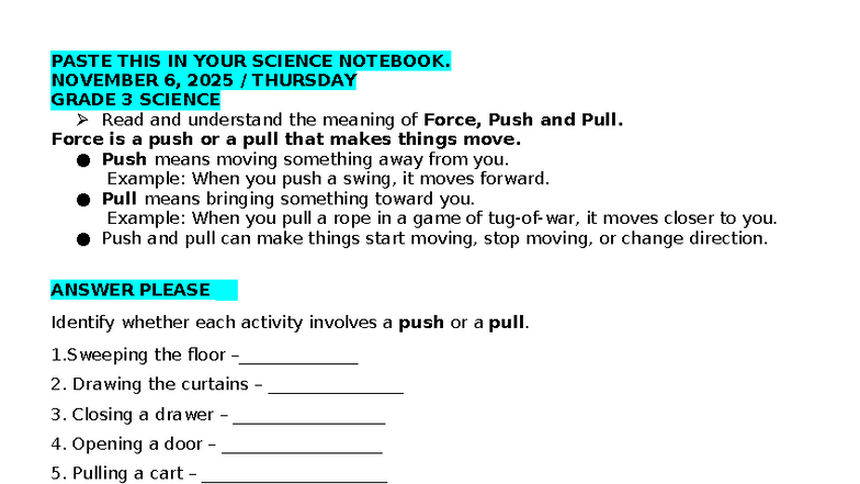 ADM-Science Worksheet: Understanding Force, Push & Pull for Grade 3 ...