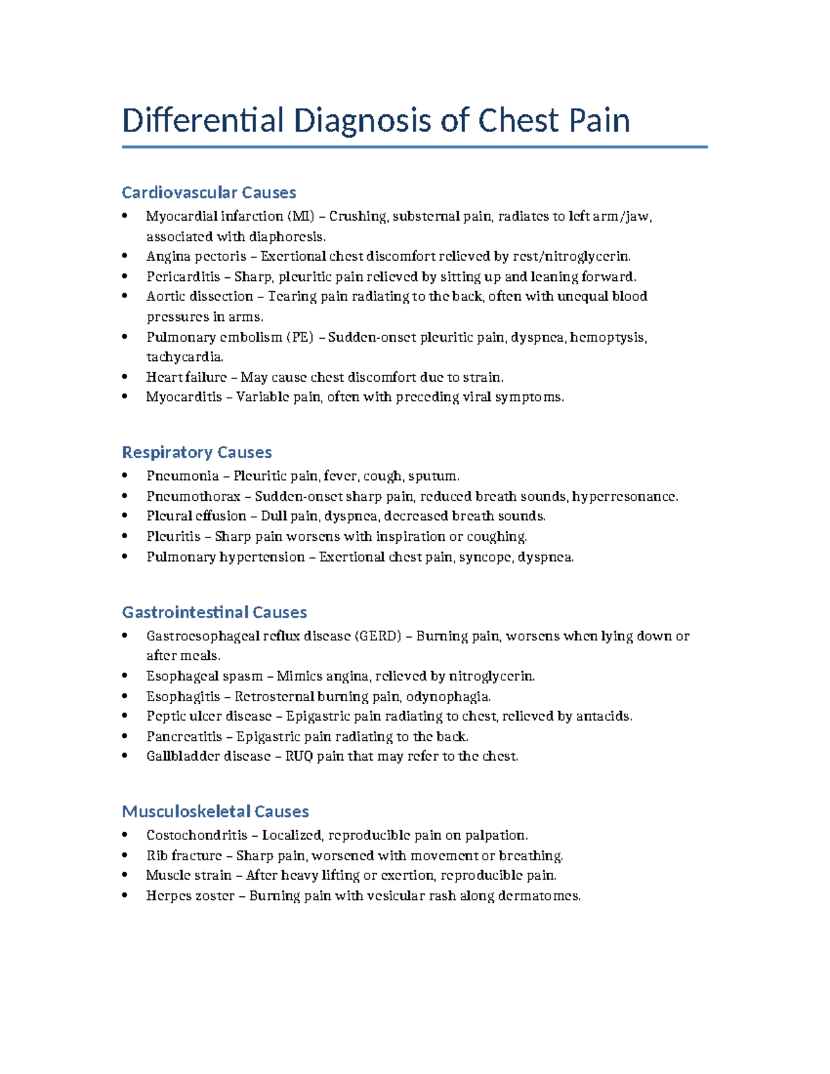 Differential Diagnosis of Chest Pain: Cardiovascular, Respiratory, GI ...