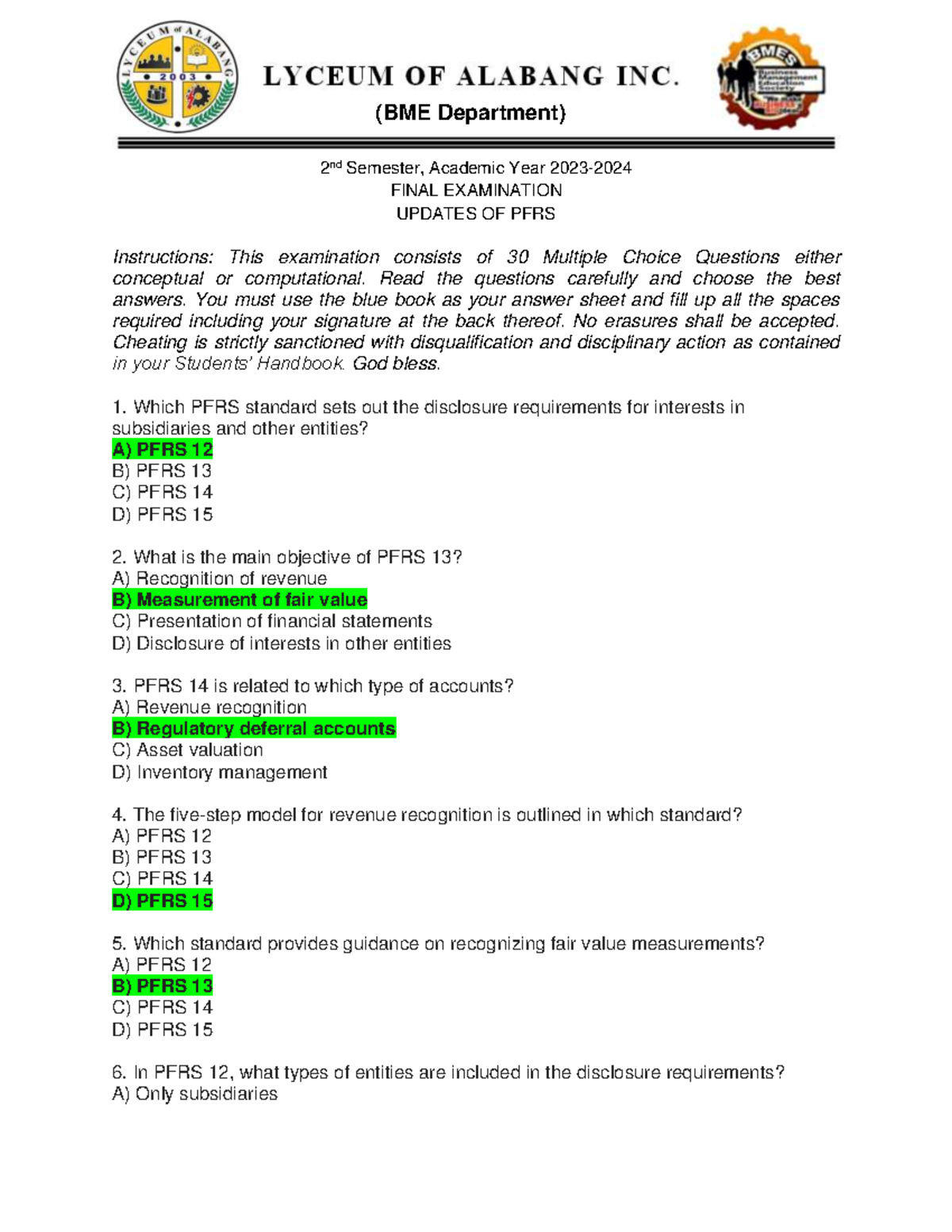 Baliling Updates OF PFRS 12-15 - 2 nd Semester, Academic Year 202 3 ...