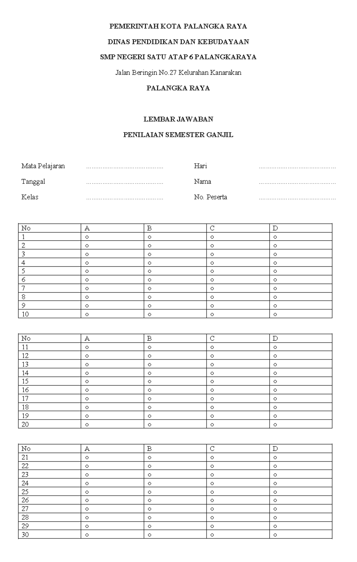 LJK Template Semester Ganjil SMPN 1 Atap 6 Palangkaraya - Studocu