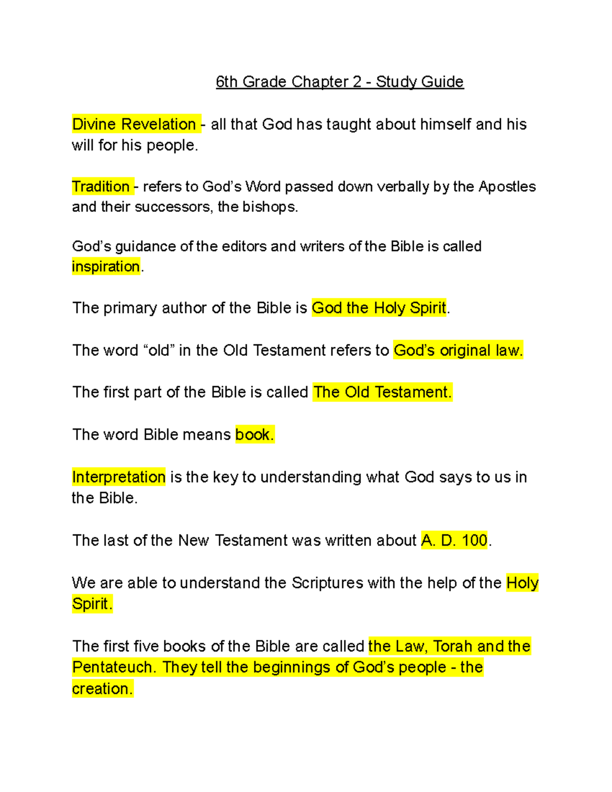 6th Grade Religion Chapter 2 Study Guide: Divine Revelation Insights ...