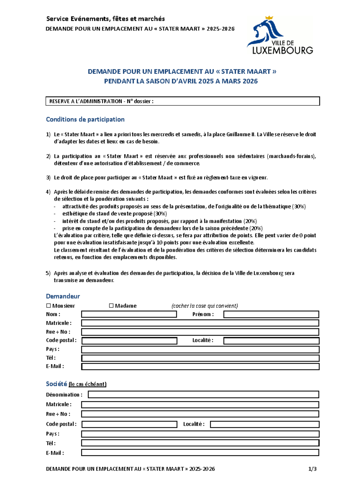 Demande d'Emplacement au Stater Maart 2025 - Formulaire FR - Studocu