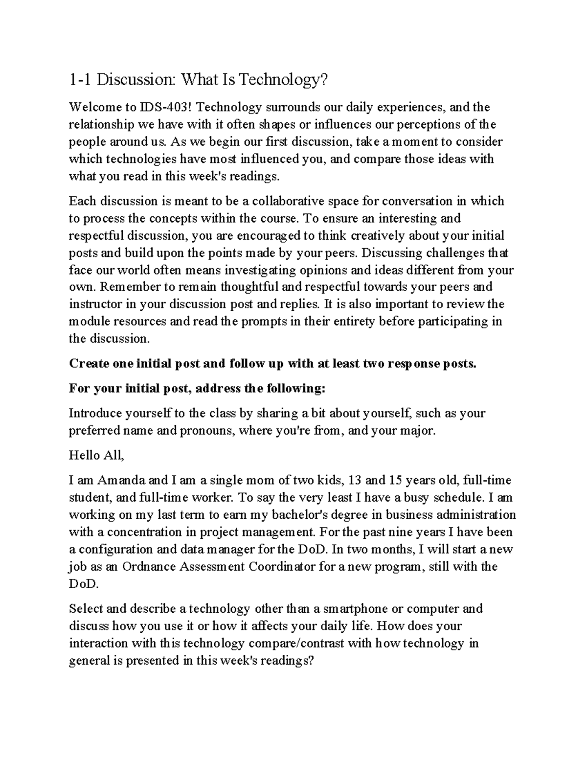 IDS-403 1-1 Discussion: Examining Technology's Impact on Our Lives ...