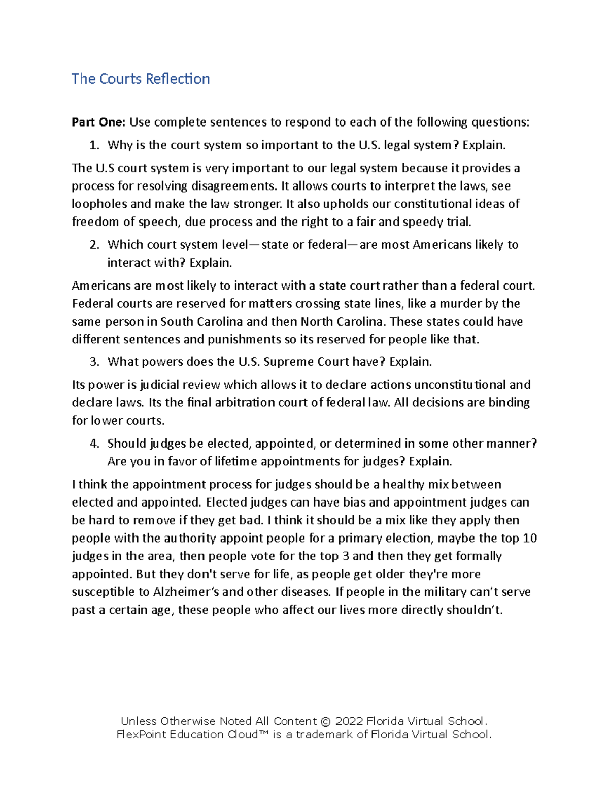 FLVS Law Studies 1.03: The Courts Reflection and Analysis - Studocu