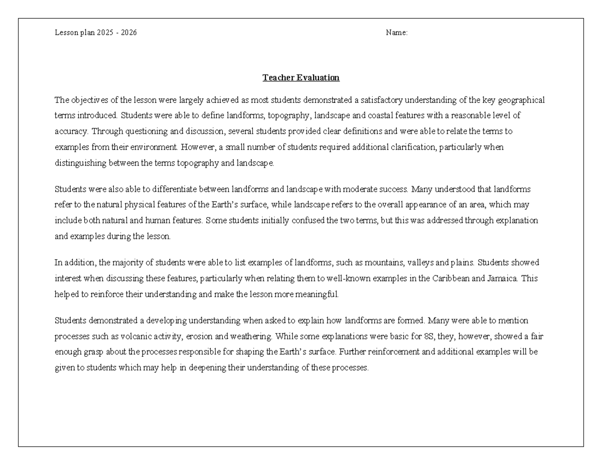 Grade 8 Social Studies Lesson Plan: Topography & Settlement - Studocu