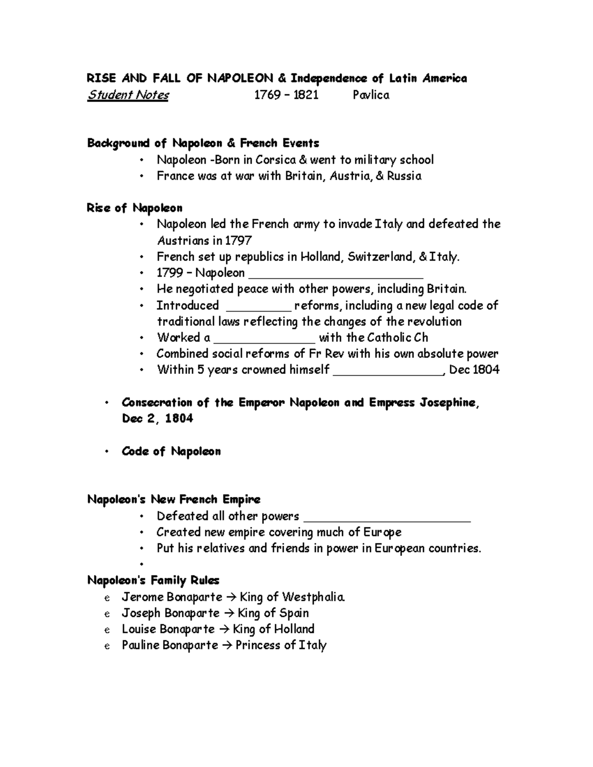 Napoleons Rise and Fall Notes - RISE AND FALL OF NAPOLEON ...