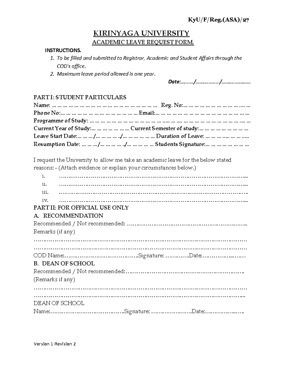 KyU ACADEMIC LEAVE REQUEST FORM (Version 1 Rev 2) - Studocu