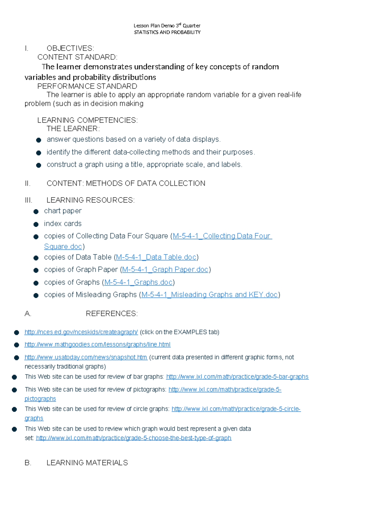 Statistics and Probability Lesson Plan with Annotations (M-5-4-1) - Studocu