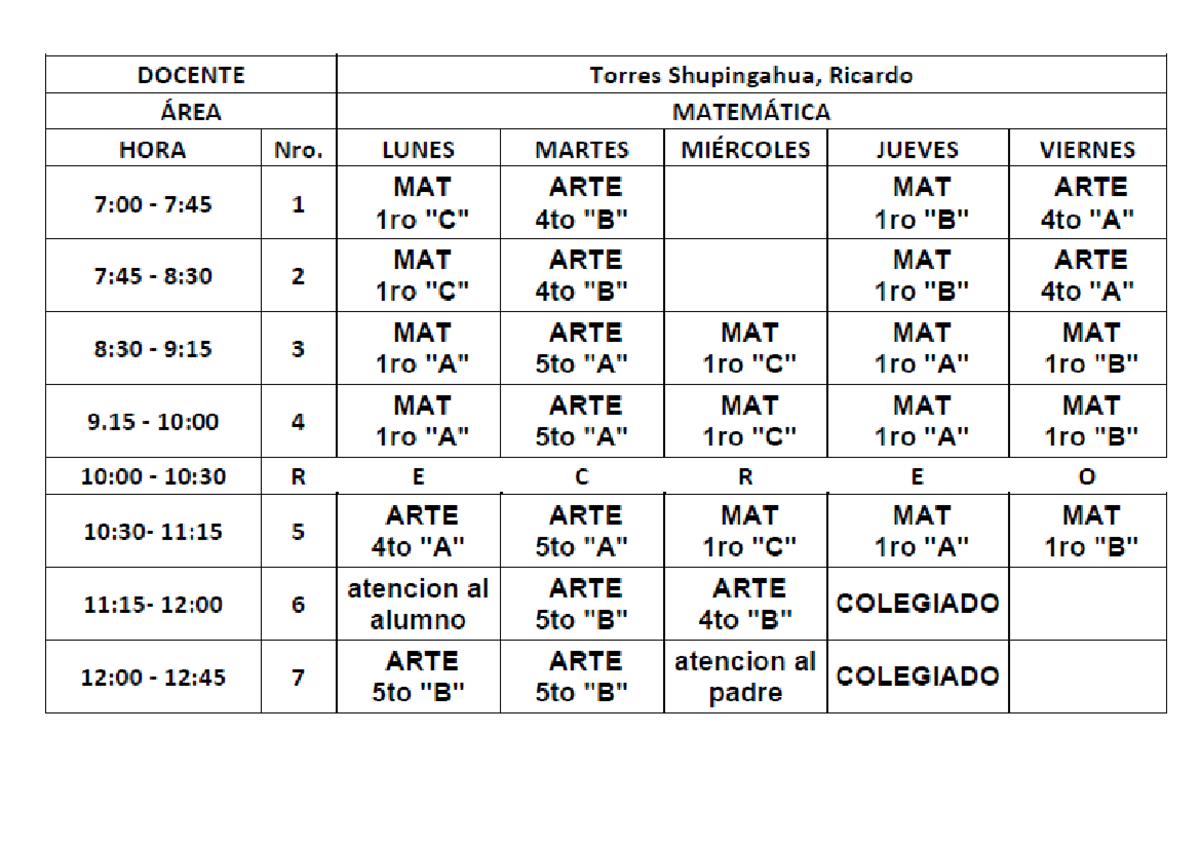 HORA Actual - horario - DOCENTE Torres Shupingahua, Ricardo AREA ...