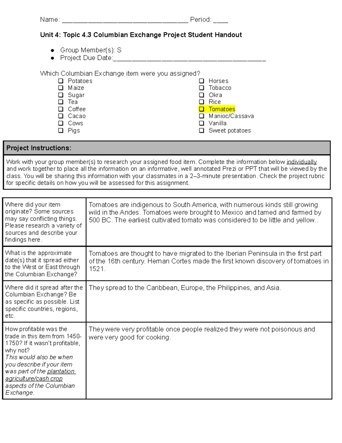 Unit 4: Columbian Exchange Project Handout for Group Work - Studocu
