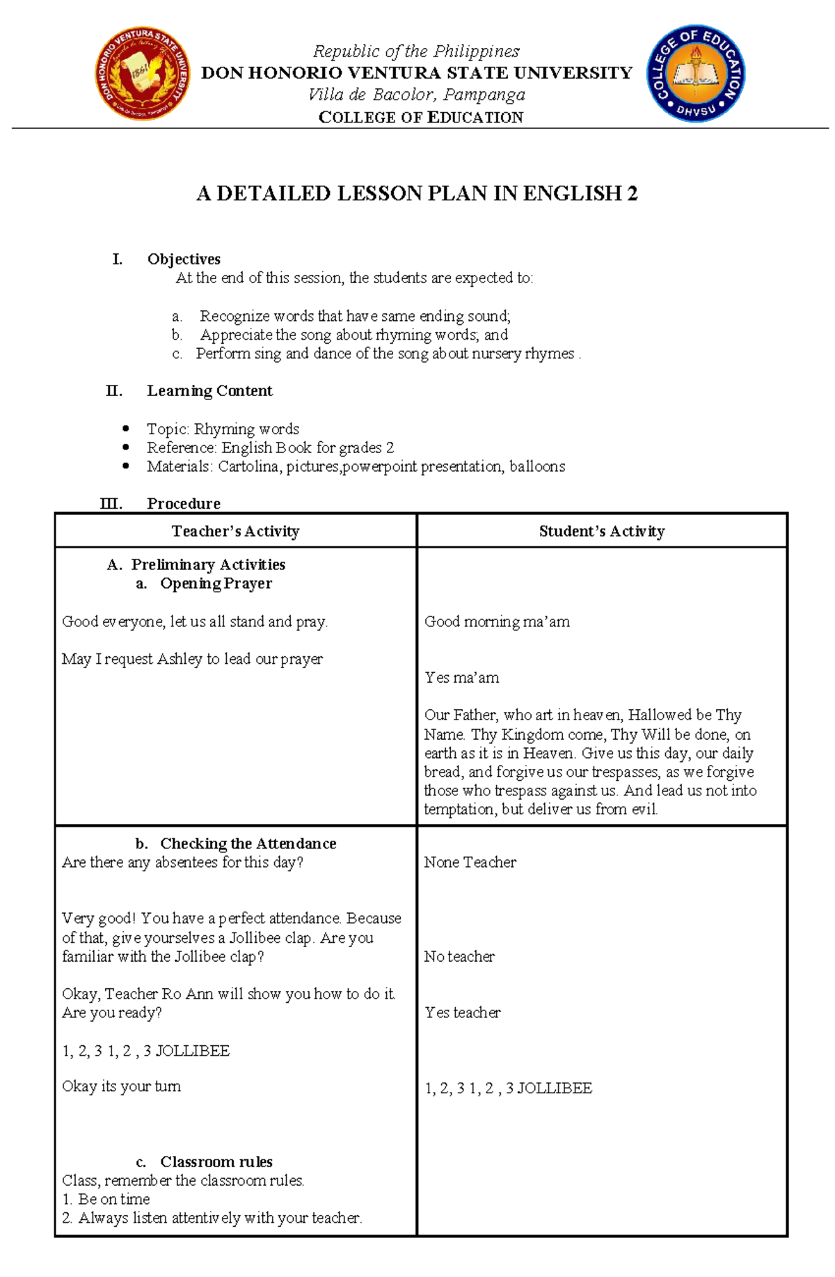 DLP: Detailed Lesson Plan on Rhyming Words for English 2 - Studocu