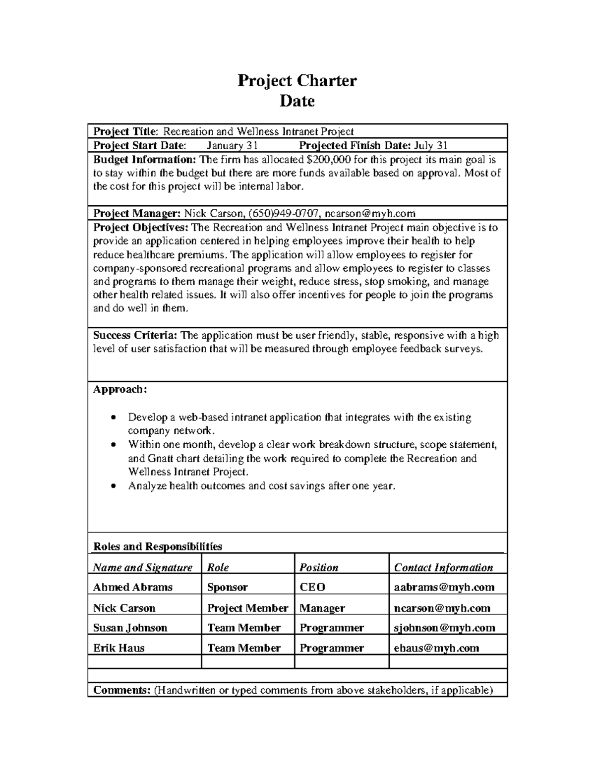 Project charter - Project Charter Date Project Title: Recreation and ...