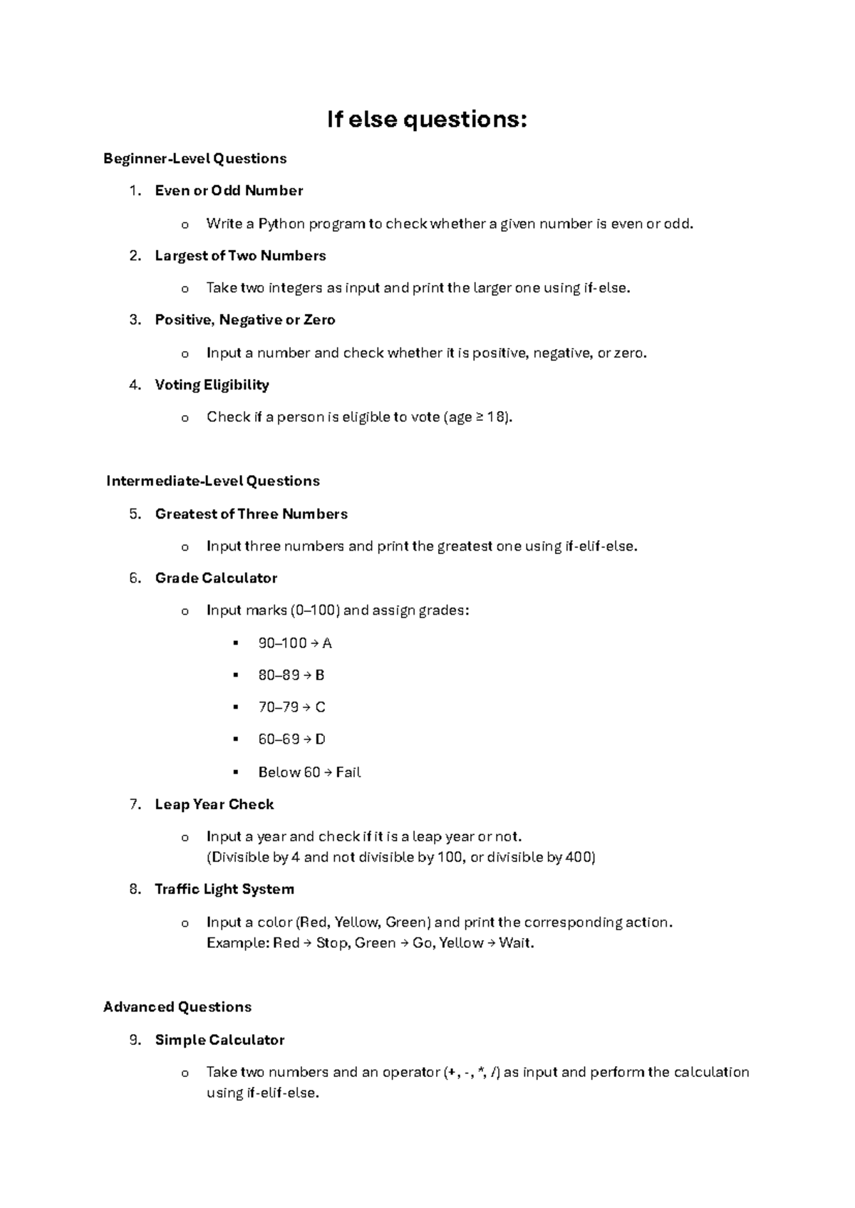 Python Programming: If-Else Questions & Exercises - Studocu