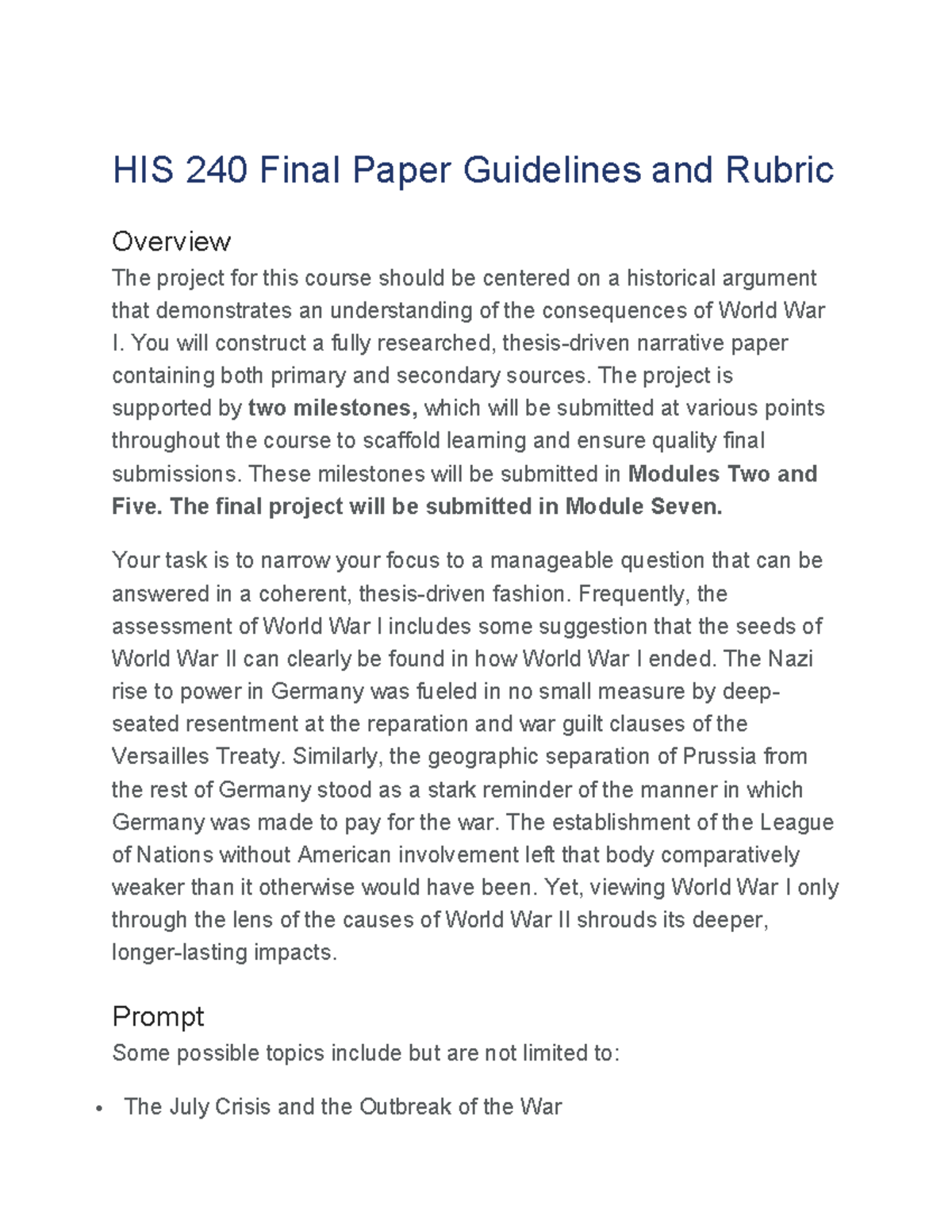 HIS 240 Final Paper: Guidelines for Historical Argument on WWI Consequences - Studocu