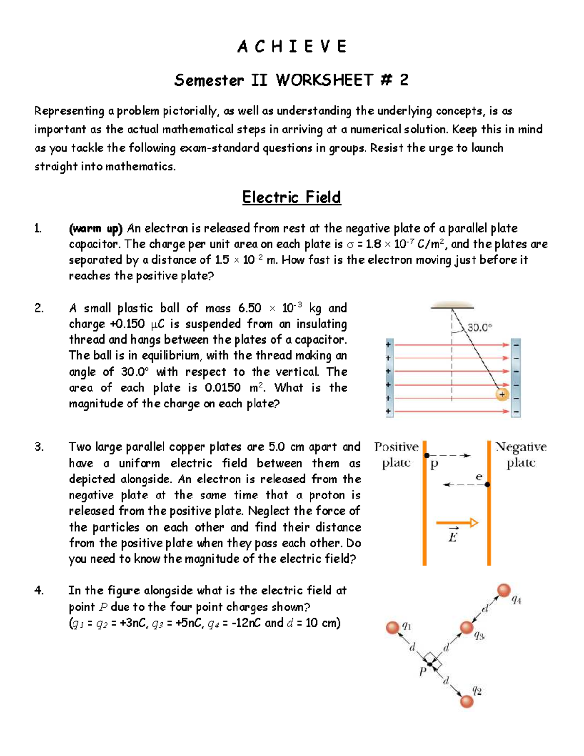 Semester II Achieve Worksheet 2: Electric Field Problems and Concepts ...