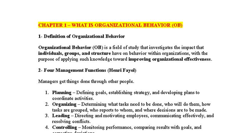 CHAPTER 1: INTRODUCTION TO ORGANIZATIONAL BEHAVIOR (OB) - Studocu