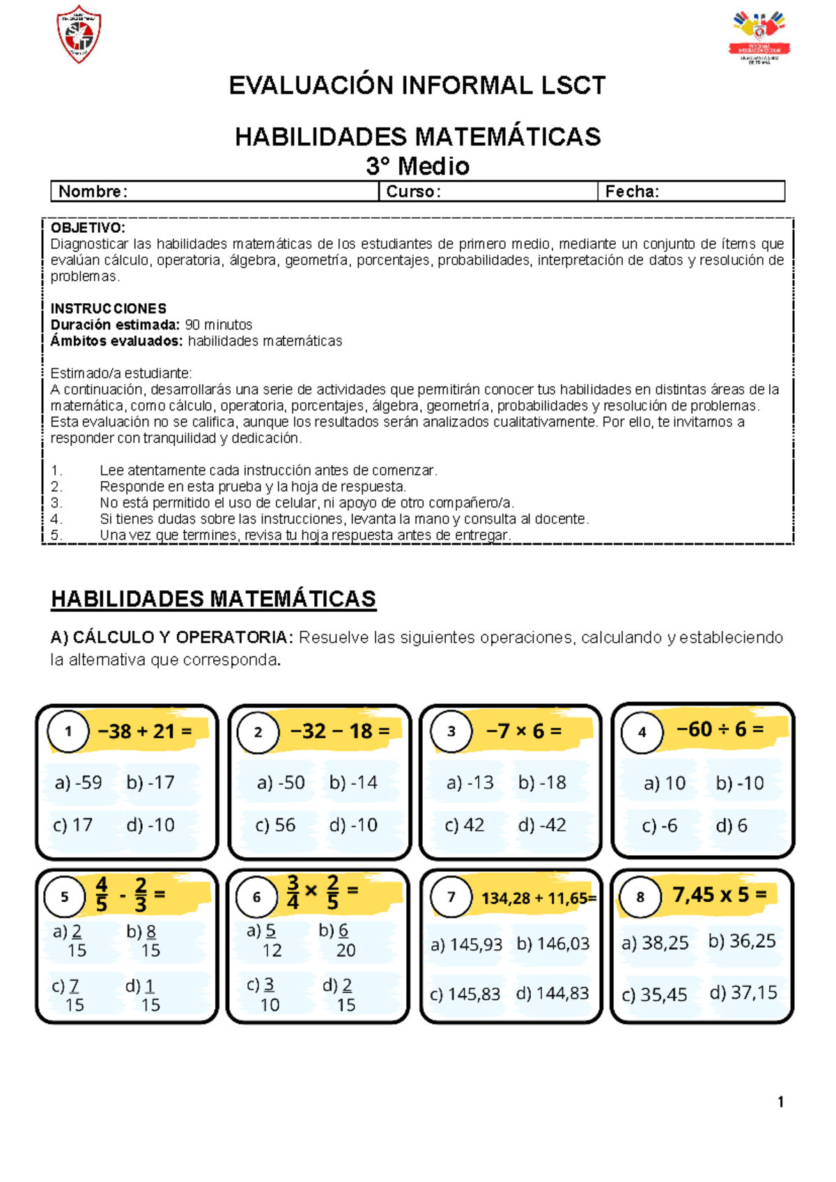 Evaluación Informal de Habilidades Matemáticas - LSCT 3° Medio - Studocu