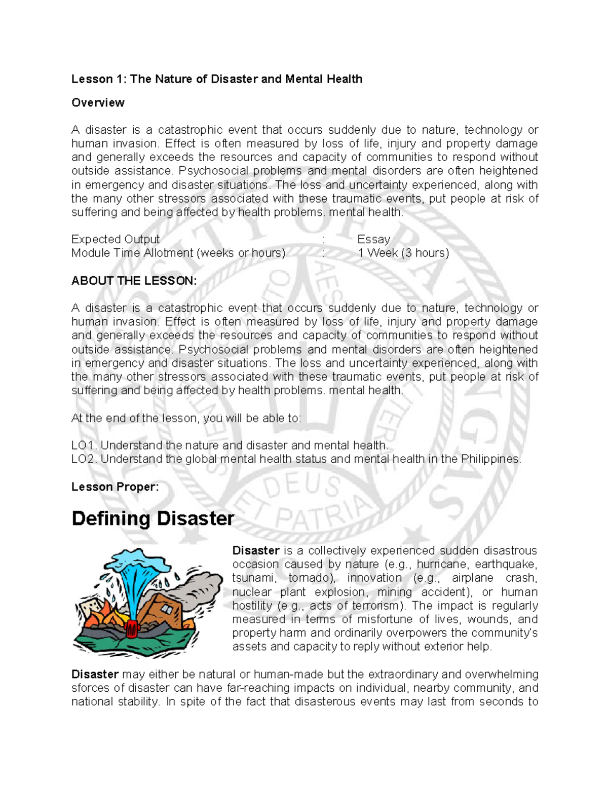 Lesson 1 The Nature of Disaster and Mental Health - Effect is often ...