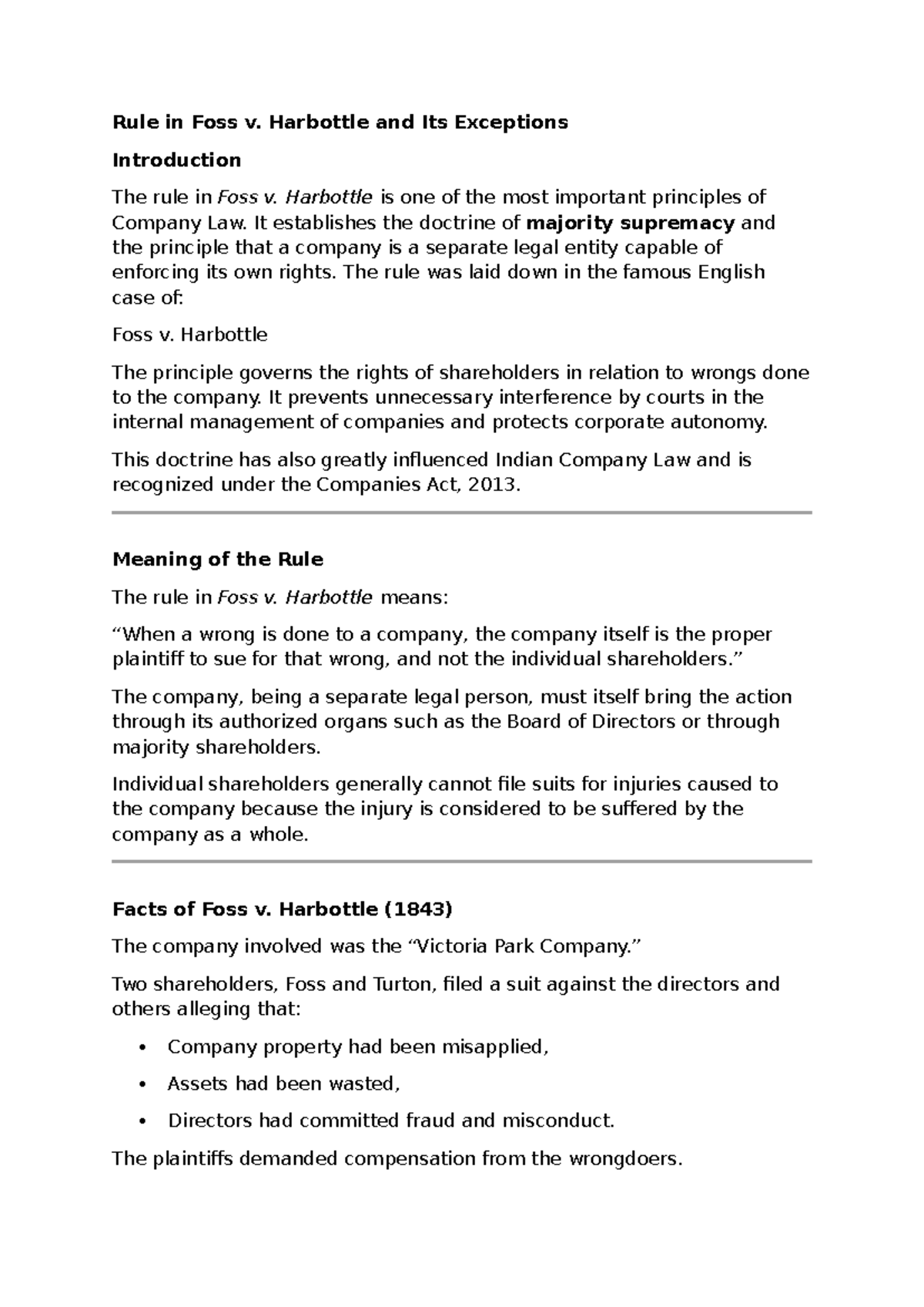Foss v. Harbottle Rule & Exceptions: Key Principles in Company Law ...