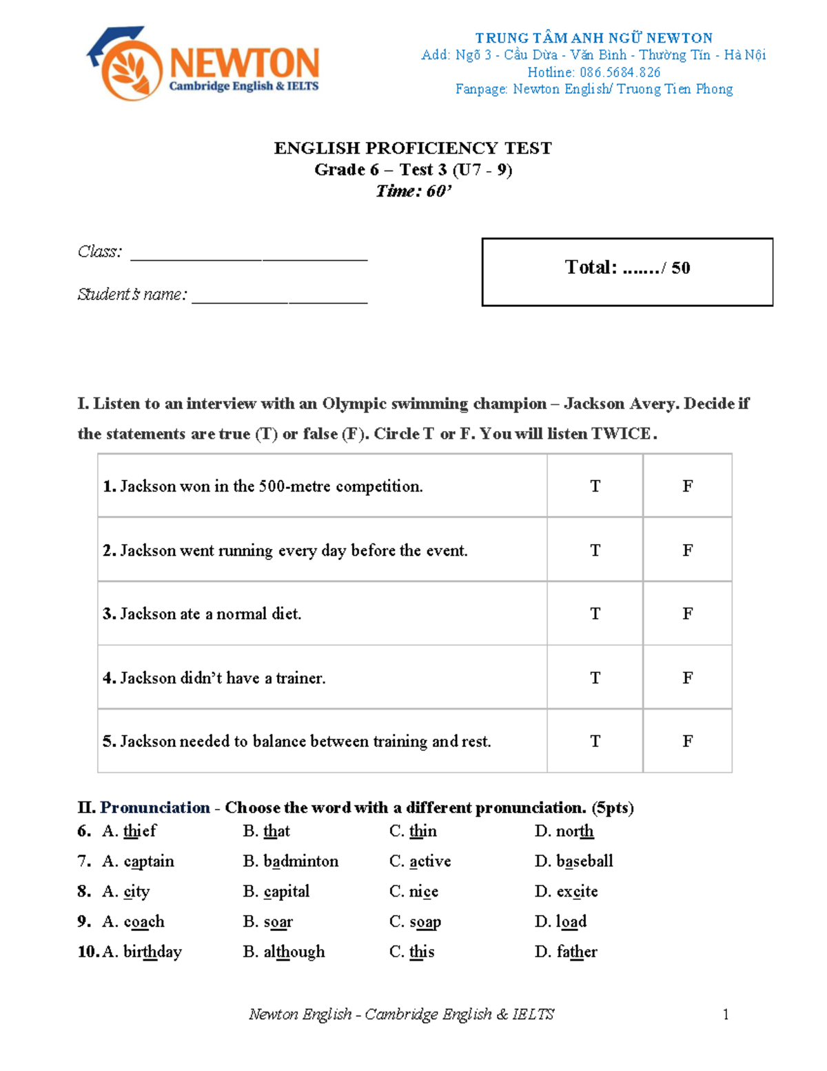 Writing Test 3 (U7-U9) - Grade 6 English Proficiency Exam - Studocu