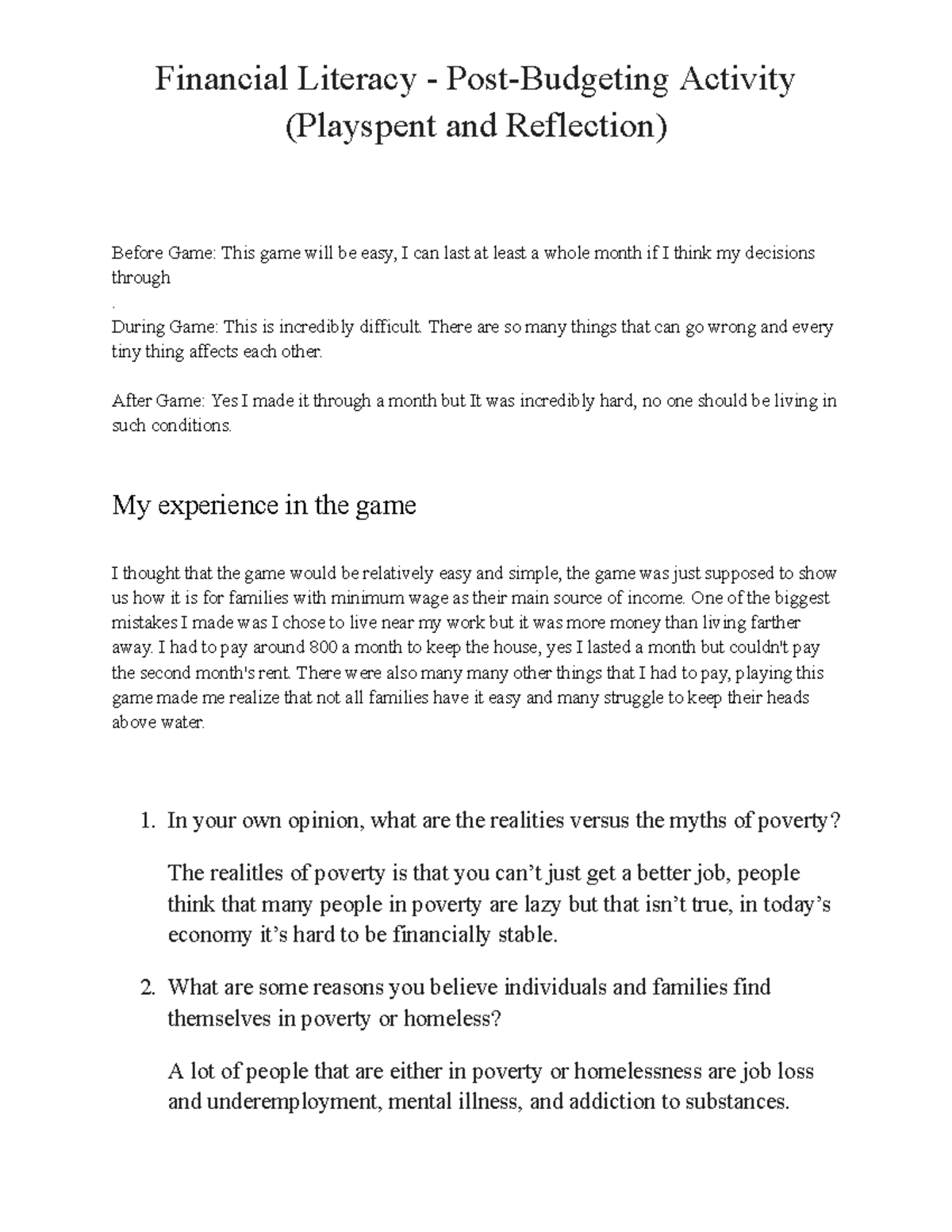 Financial Literacy: Reflection on Post-Budgeting Experience (Playspent ...