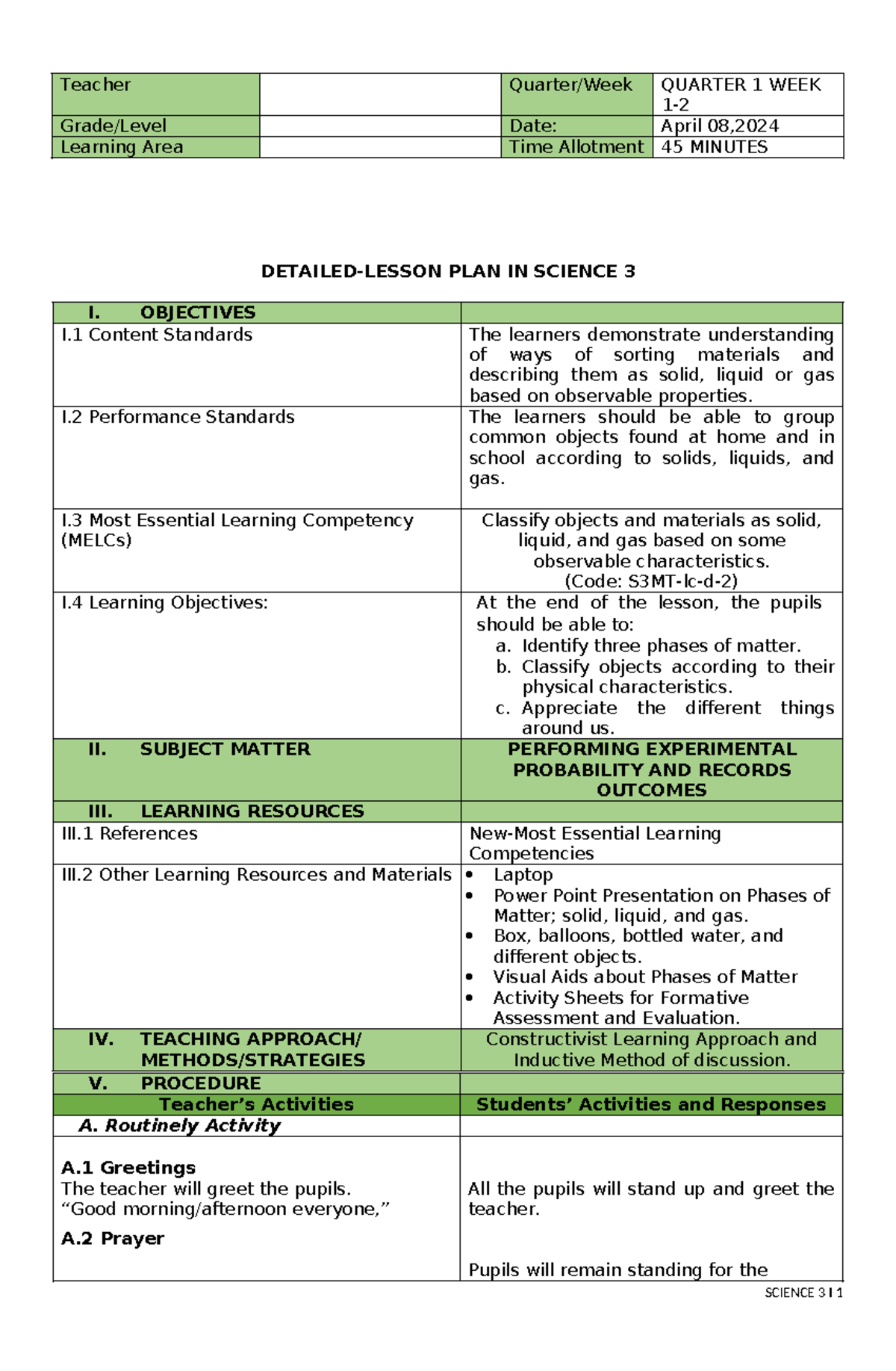 DLP - 123: Weekly Lesson Plan for Science 3 on Phases of Matter - Studocu