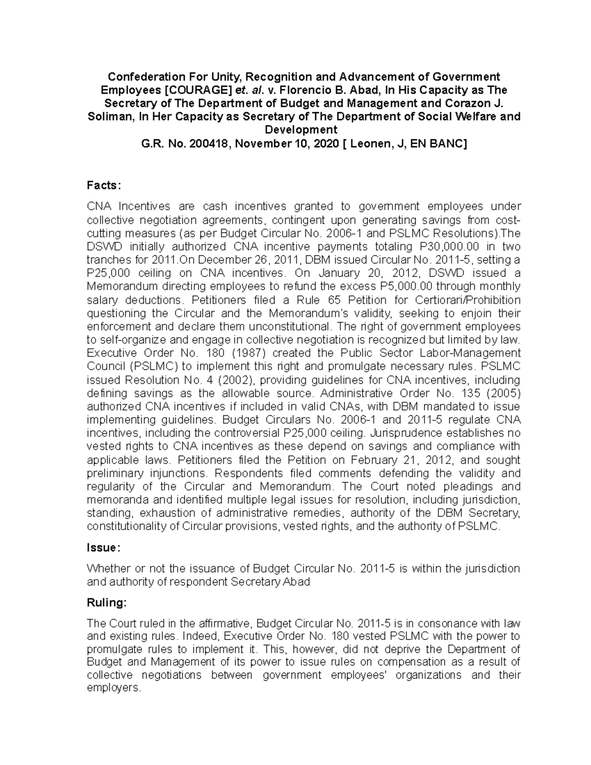G.R. No. 200418: CNA Incentives & Budget Circular No. Ruling Case ...