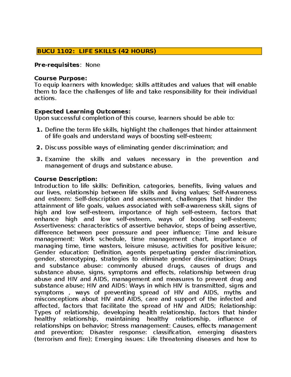 BUCU 1102: Revised Life Skills Course Description (2023-2024) - Studocu