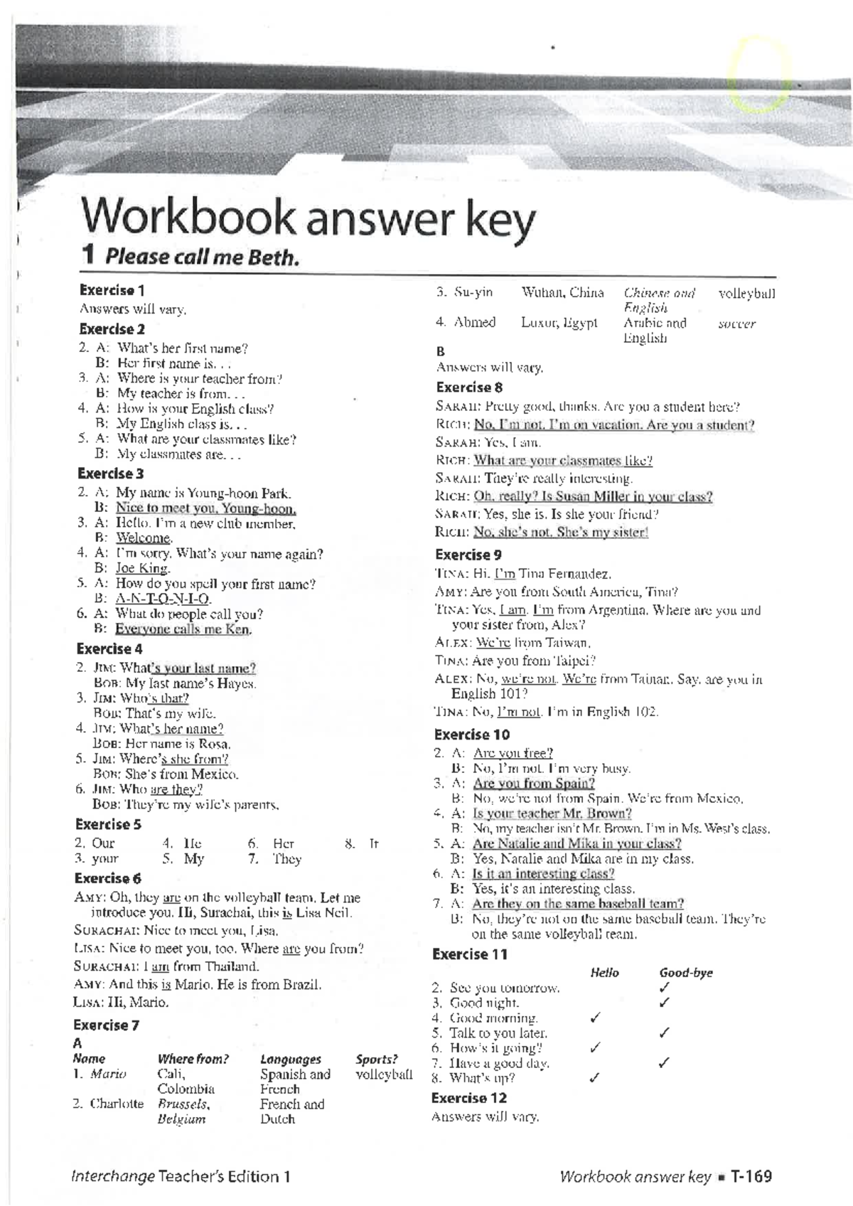 Interchange 1b Workbook Answer Key: Exercises and Solutions - Studocu