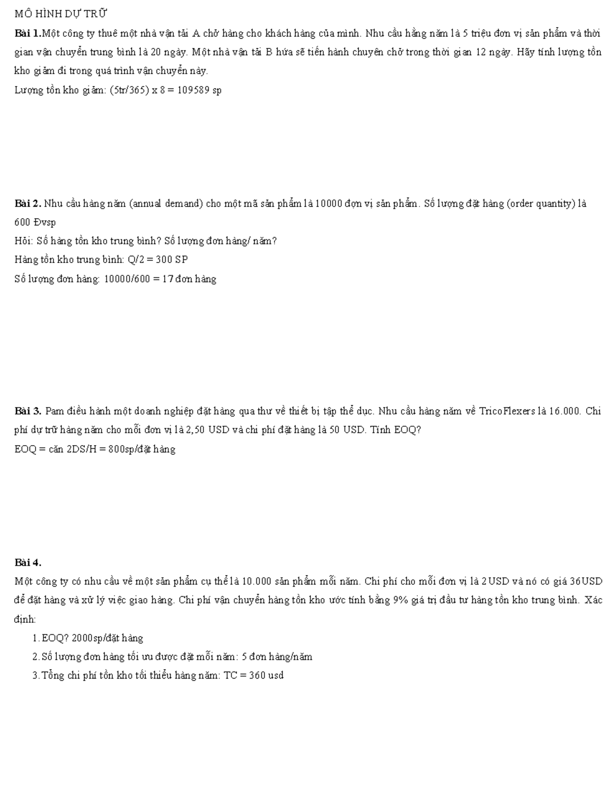 Bài tập logistics SV - BTAP: Mô hình dự trữ và tính toán chi phí - Studocu