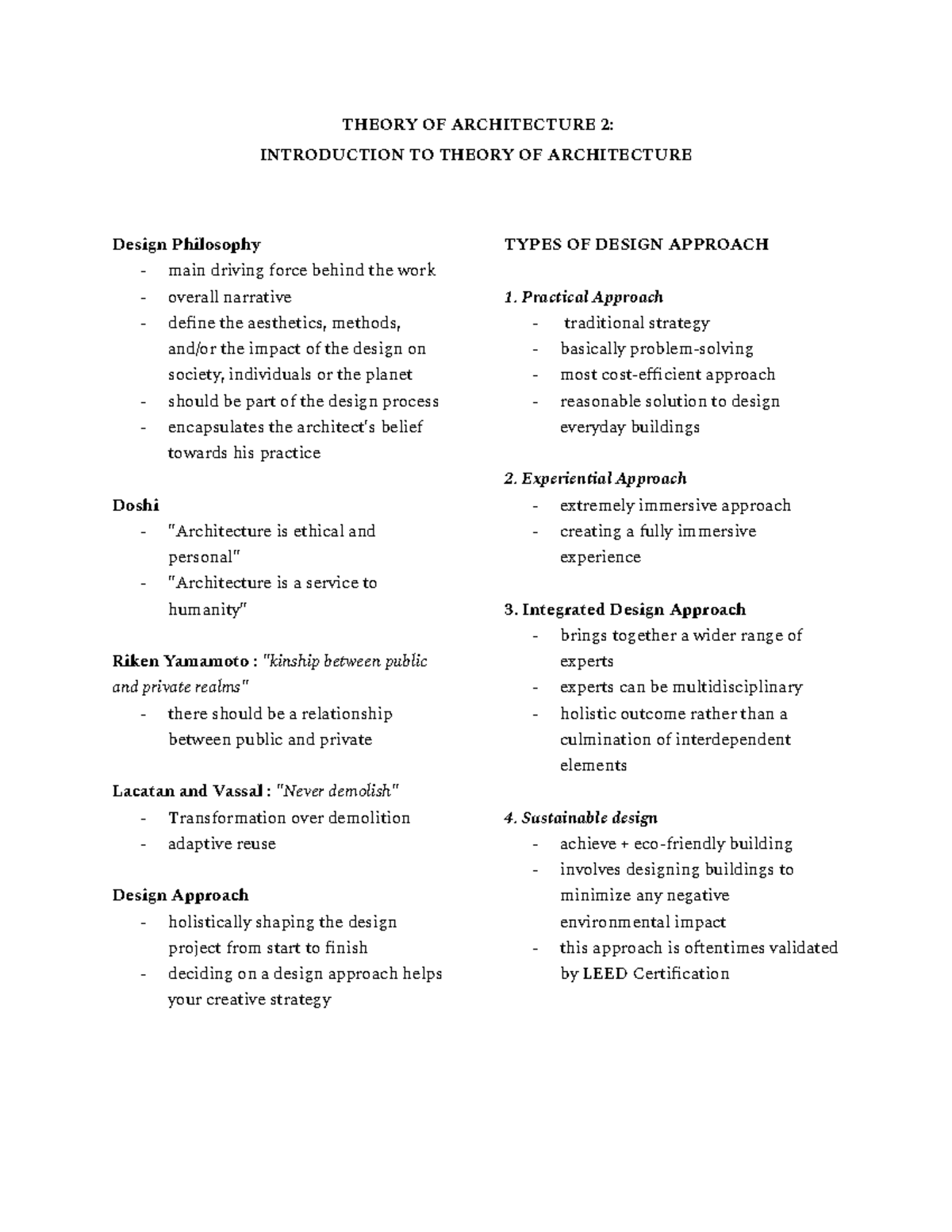 THEORY OF ARCHITECTURE 2: DESIGN PHILOSOPHY AND APPROACHES NOTES - Studocu