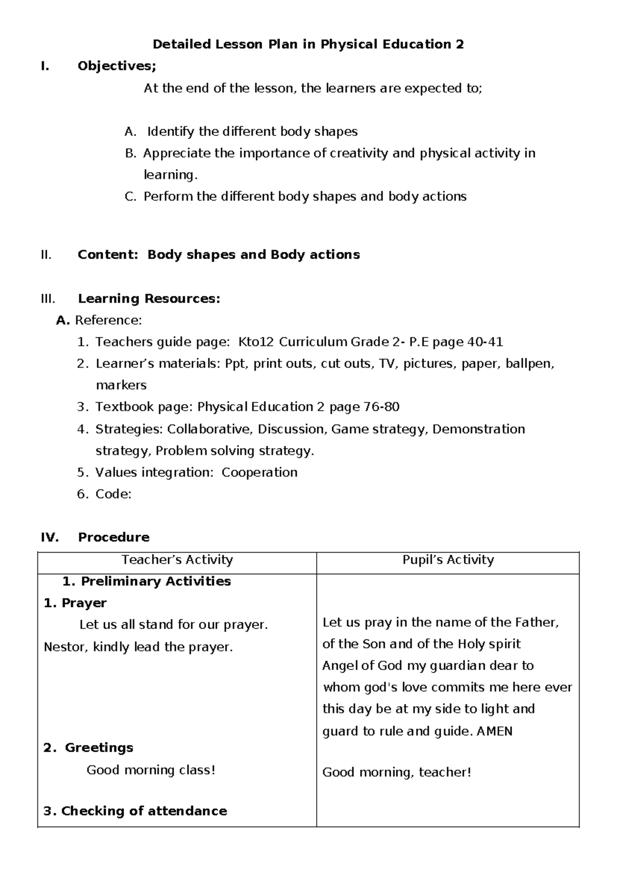 Physical Education 2: Detailed Lesson Plan on Body Shapes - Studocu