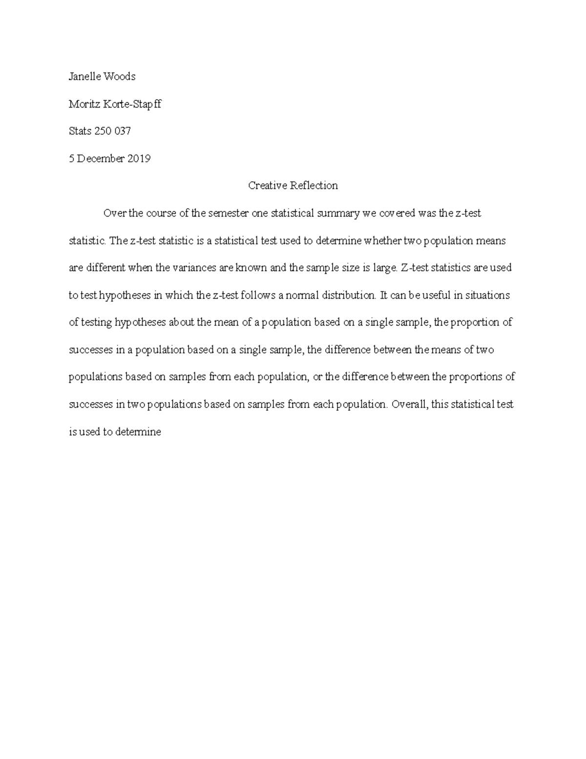 Stats 250 Prelab 13 Creative Reflection - Janelle Woods Moritz - Studocu