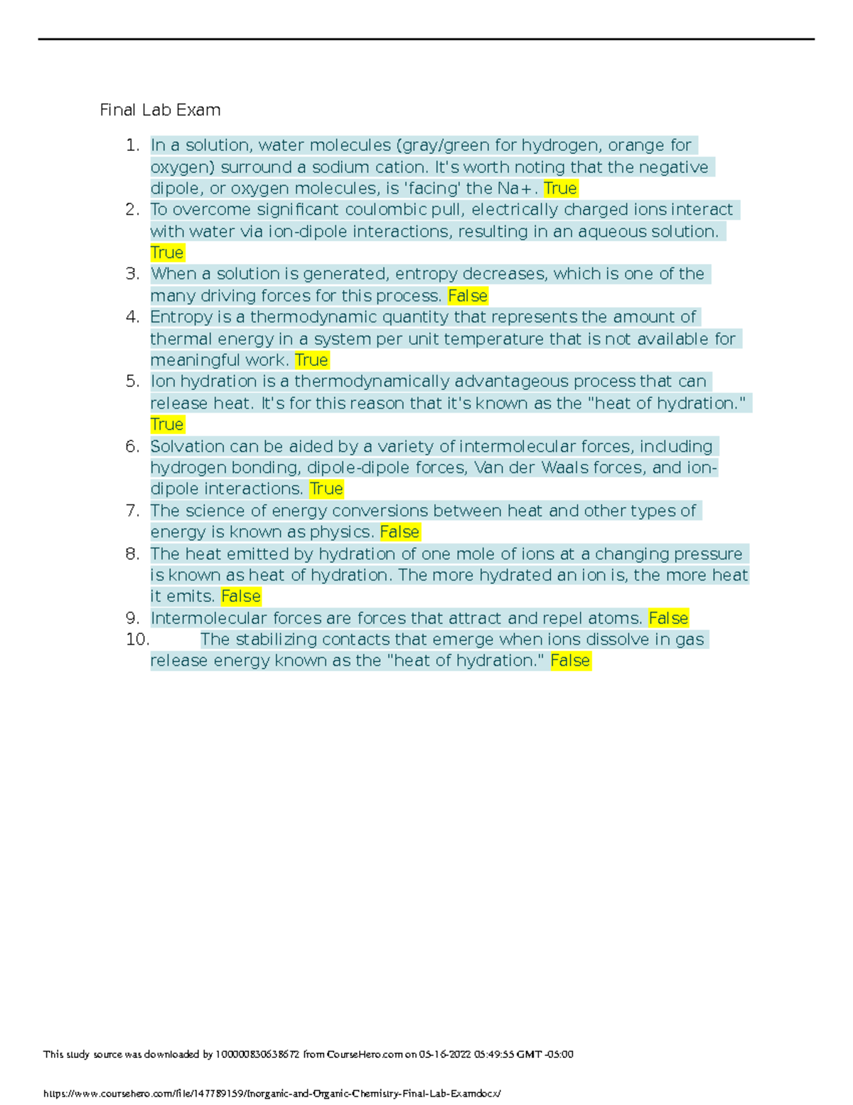 Inorganic and Organic Chemistry Final Lab Exam - Final Lab Exam 1. In a ...