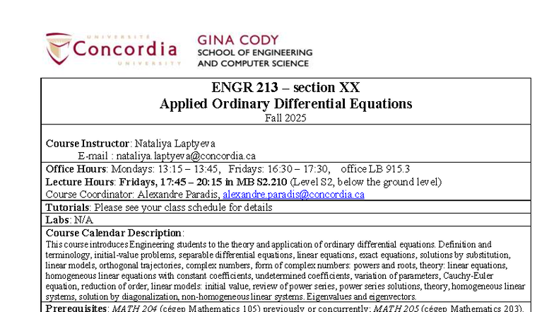 ENGR 213 Applied Ordinary Differential Equations Course Outline Fall ...