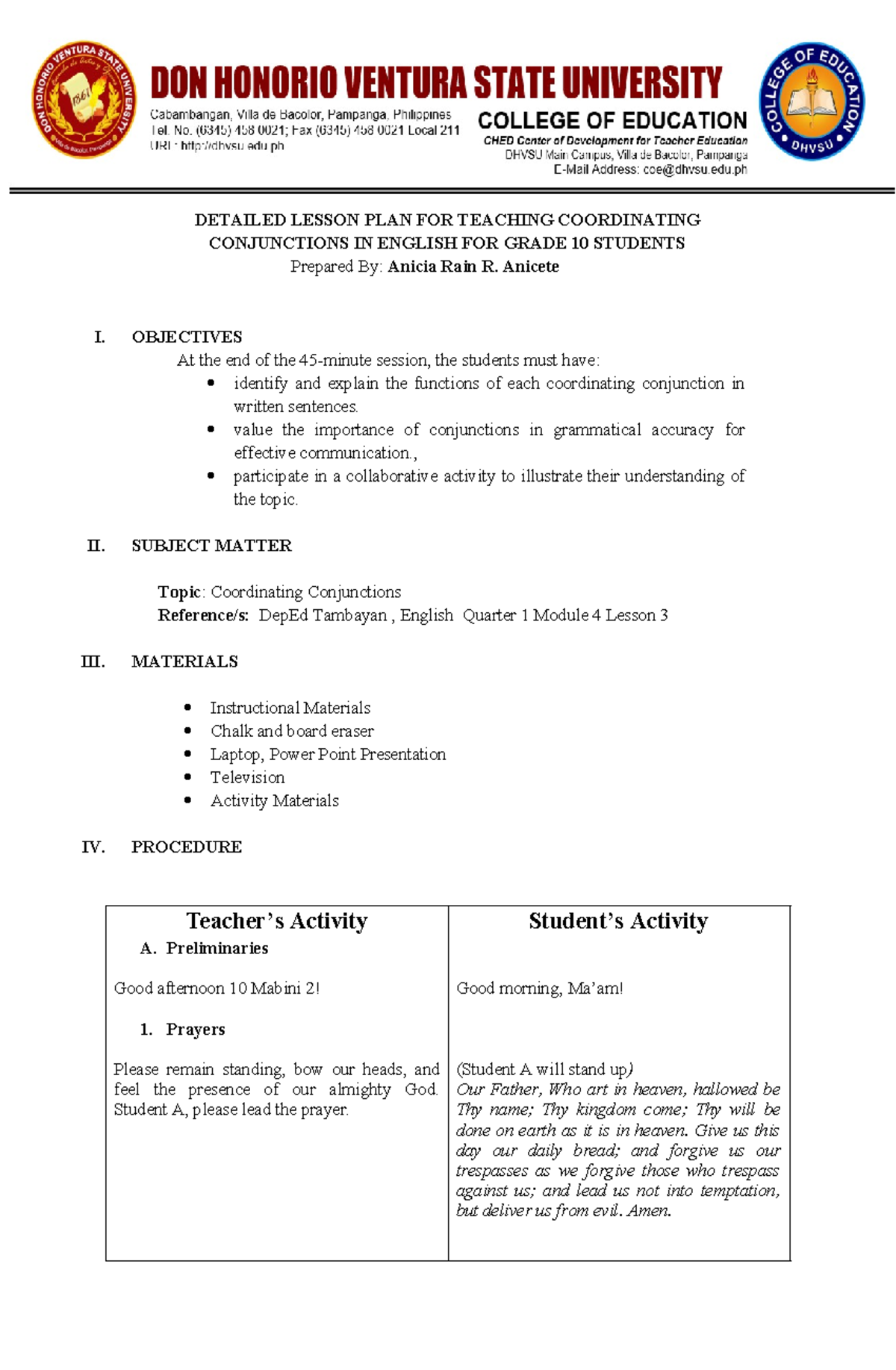 DLP: Coordinating Conjunctions Lesson Plan for Grade 10 Students - Studocu