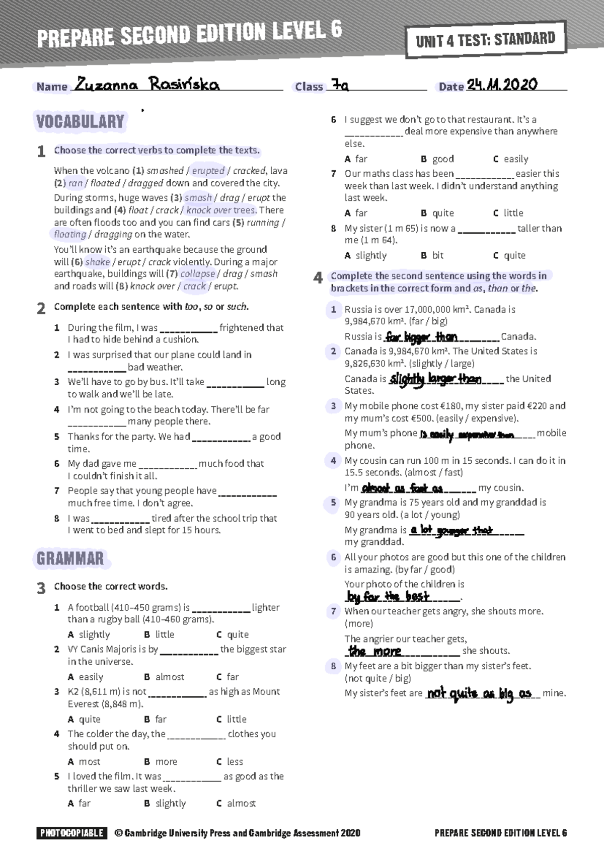 Prepare 6 Unit 4 Vocabulary & Grammar Test - Studocu
