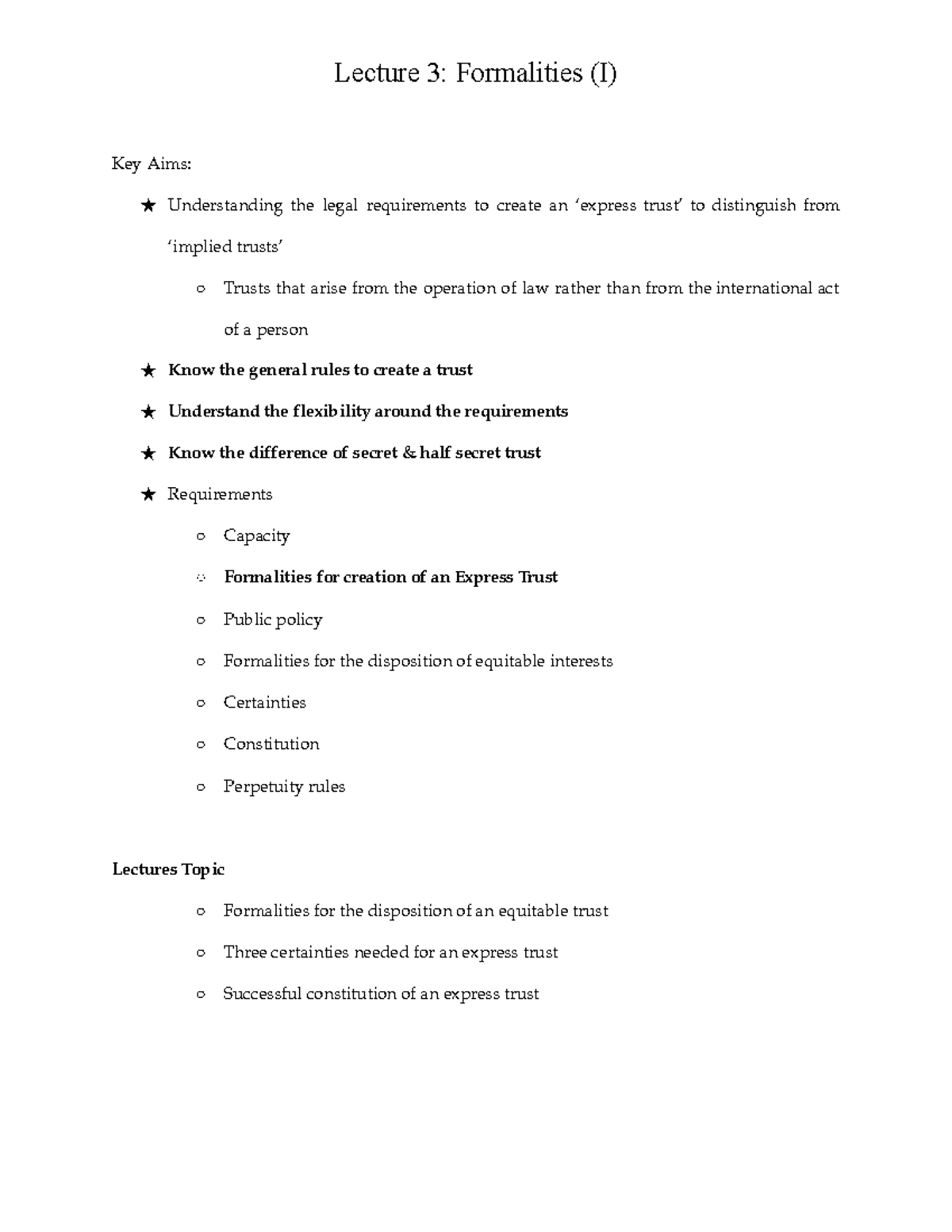 Trusts Law Lecture Notes - Formalities I: Understanding Equitable ...