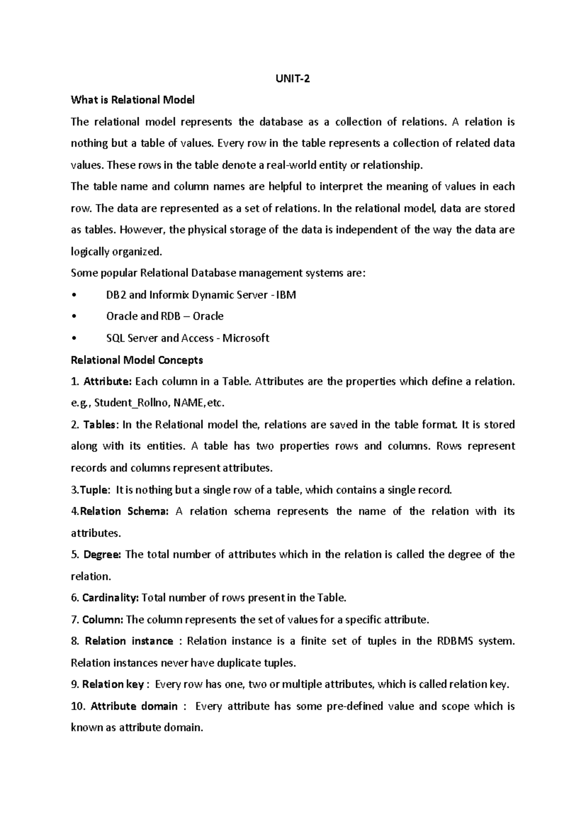 DBMS Unit-2: Relational Model Concepts and Operations - Studocu