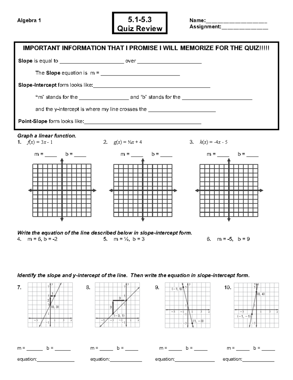 Algebra 1 Quiz Review: Linear Equations & Graphing Essentials - Studocu