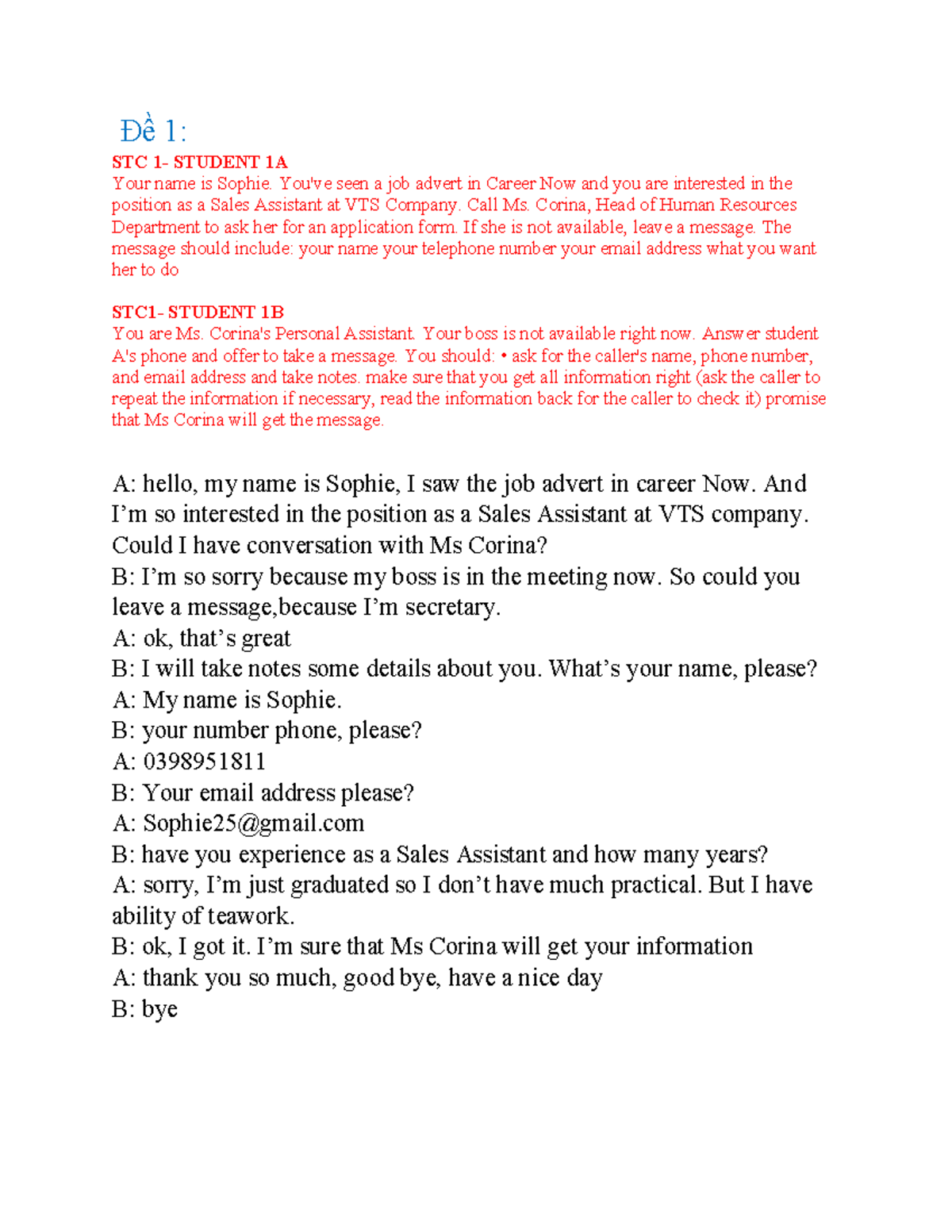 Speaking-STC1.2 - Conversational Role Plays in English - Studocu