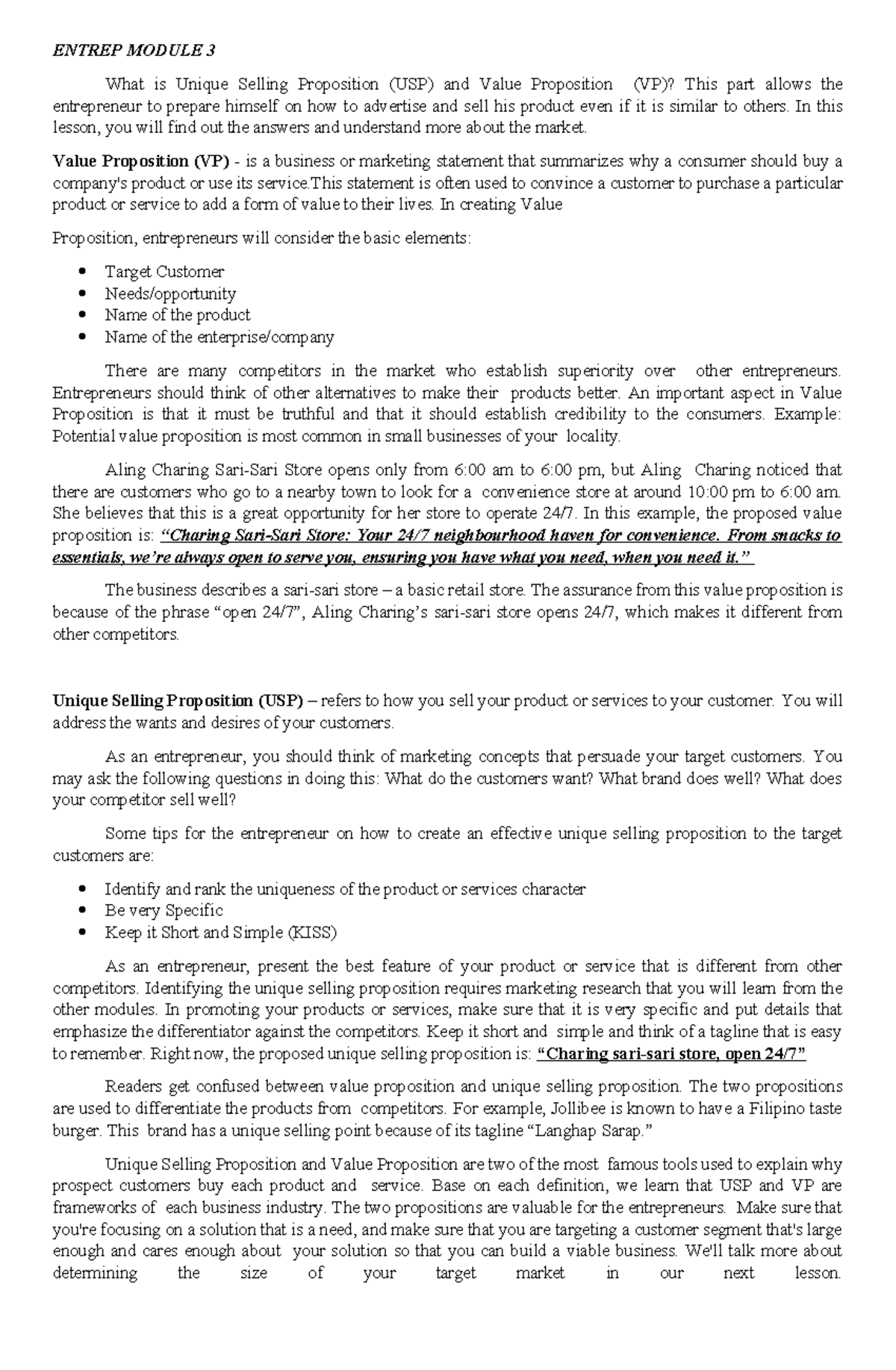 Entrep Module 3 part 1 - ENTREP MODULE 3 What is Unique Selling ...